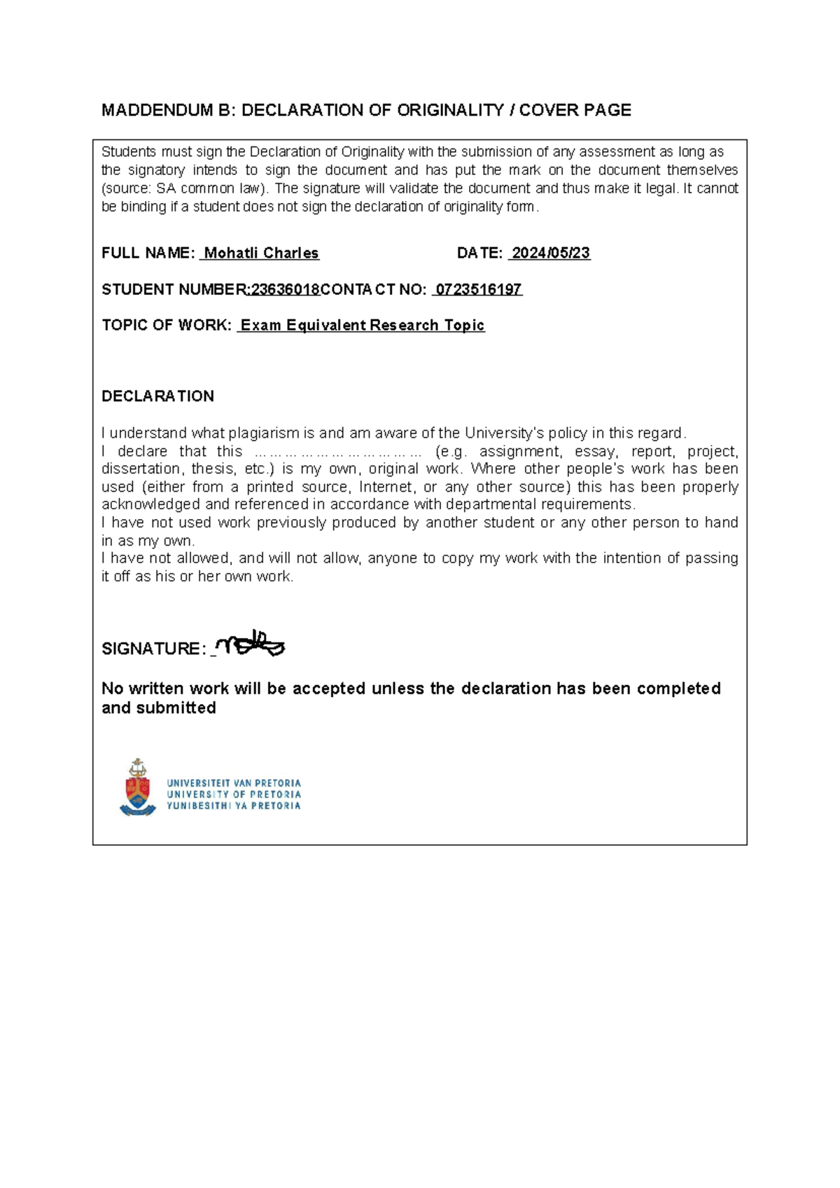 Research Topic - MADDENDUM B: DECLARATION OF ORIGINALITY / COVER PAGE ...
