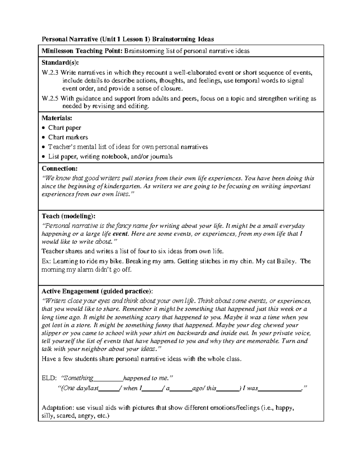 TPS Grade 2 Unit 1 Narrative Lessons - Personal Narrative (Unit 1 ...