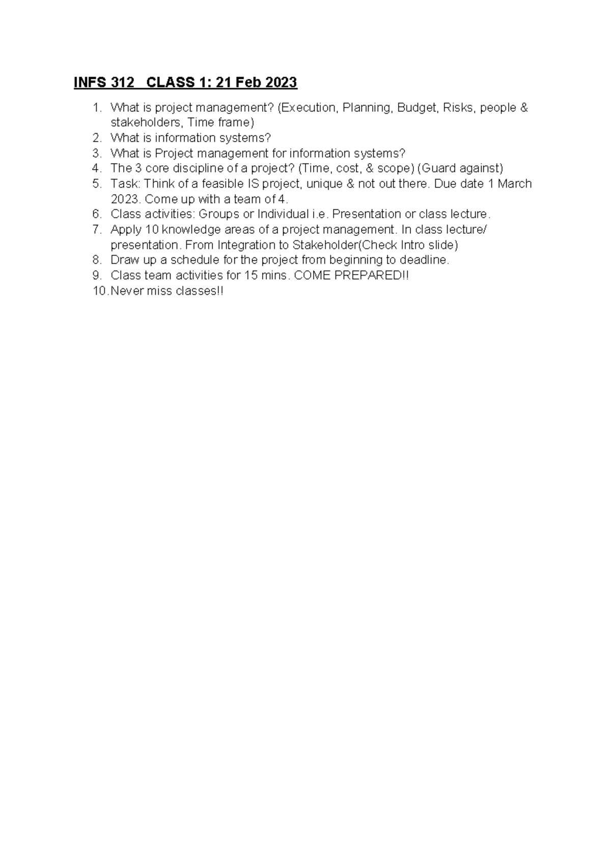 Infs 312 Class 1 Introduction To It Project Management Infs 312 Class 1 21 Feb 2023 1 What