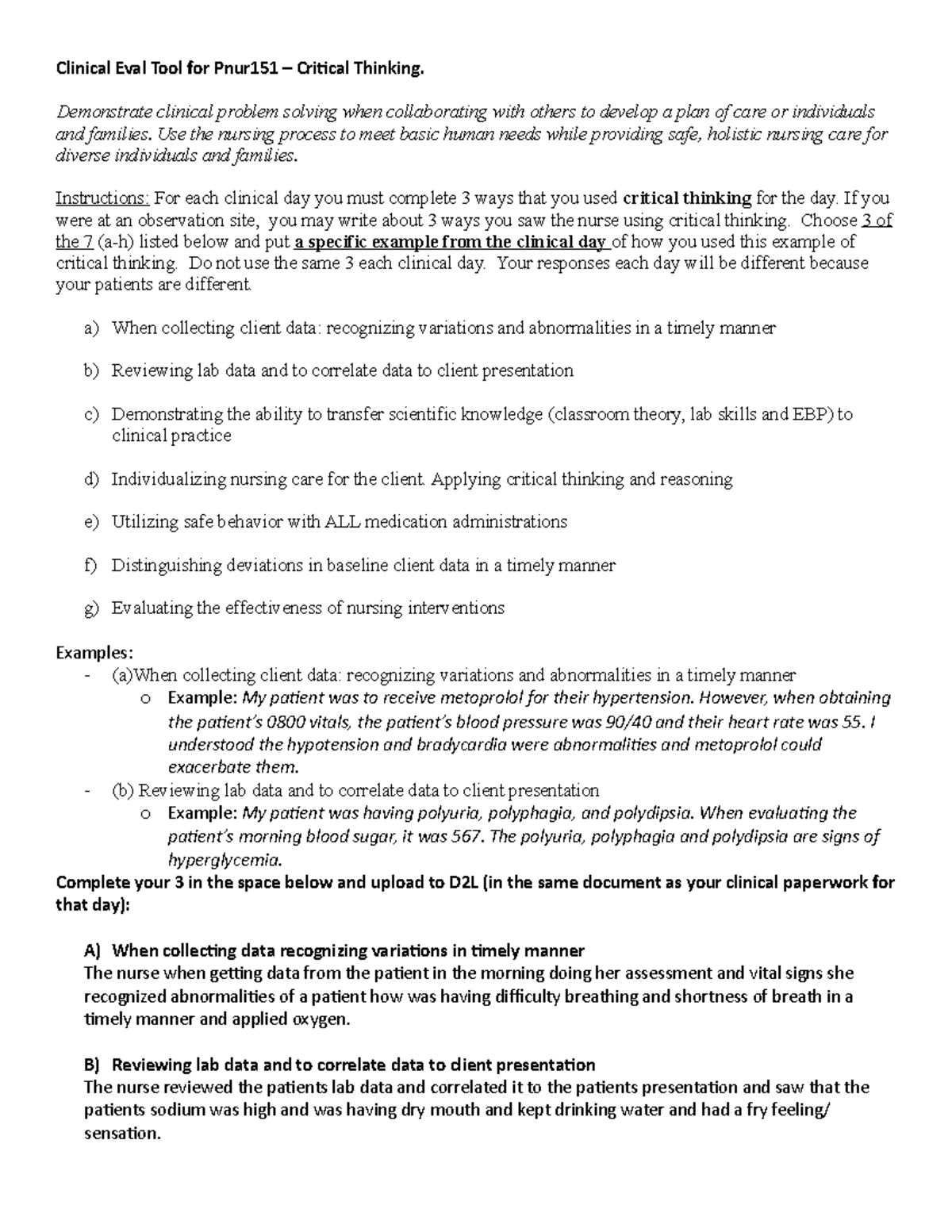 critical think tool examples - Clinical Eval Tool for Pnur151 ...