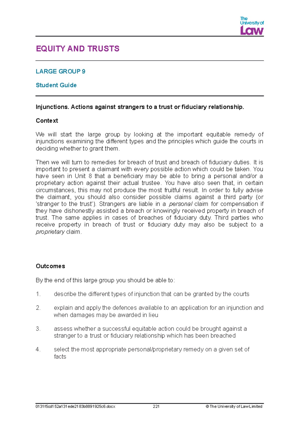 LG 9 - university of law - EQUITY AND TRUSTS LARGE GROUP 9 Student Guide Injunctions. Actions ...