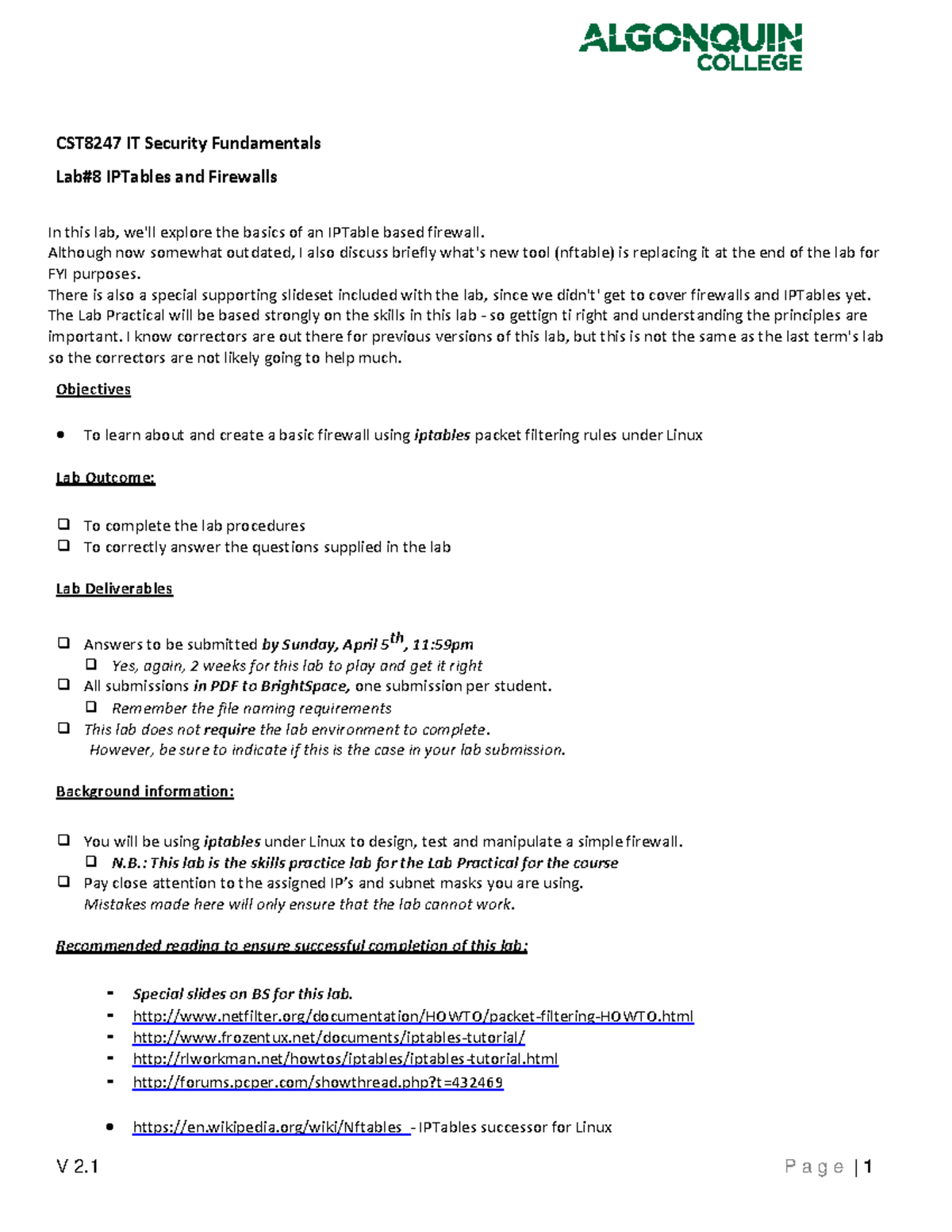 Cst8247 Lab 8 Basic Firewall V 2 Cst8247 It Security Fundamentals
