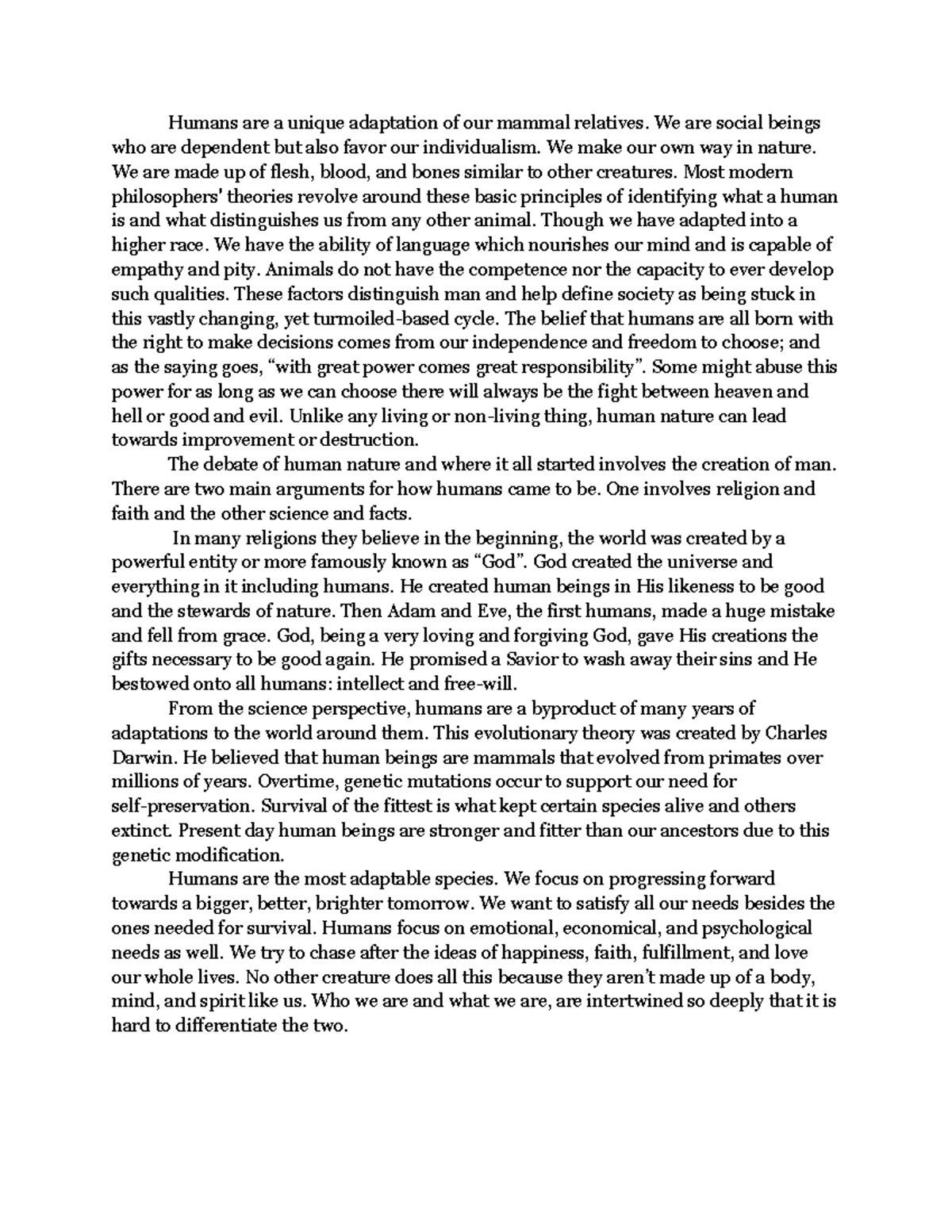 Human Person Essay - Humans are a unique adaptation of our mammal ...