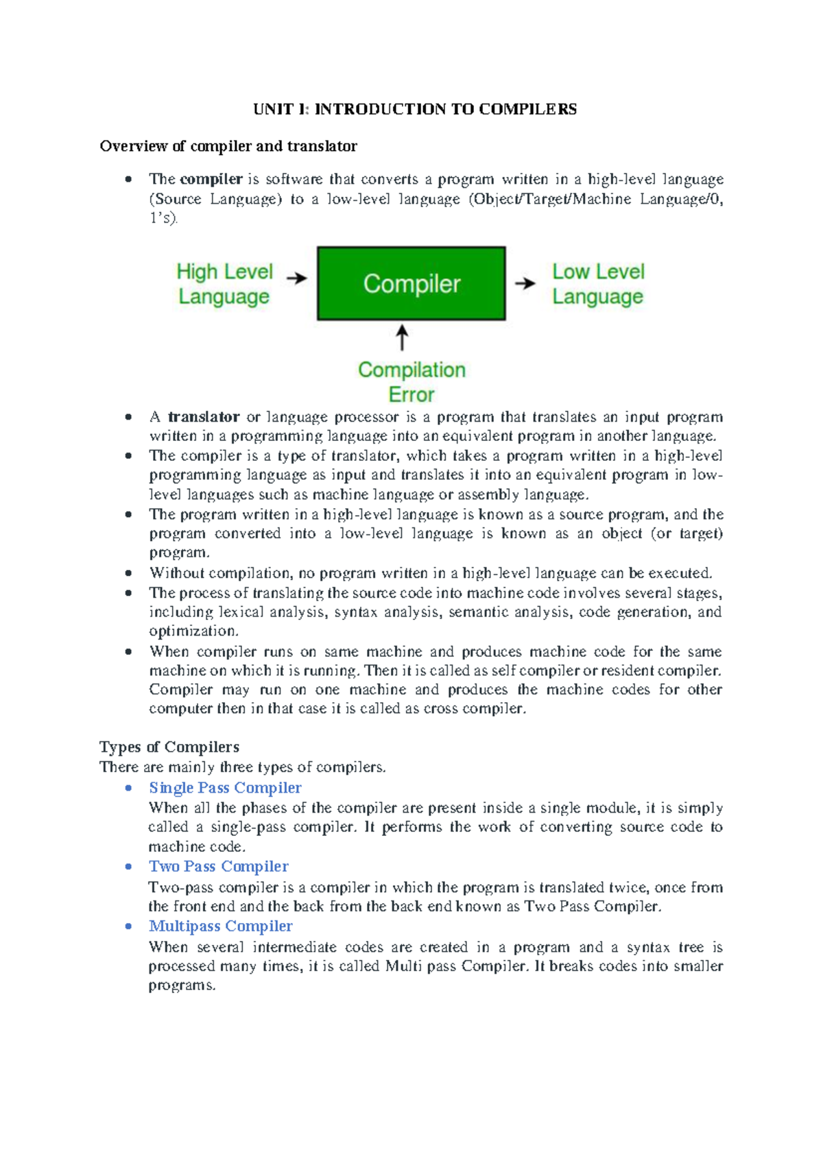 CD Unit 1 - COMPILER UNIT 1 - UNIT I: INTRODUCTION TO COMPILERS Overview of compiler and ...
