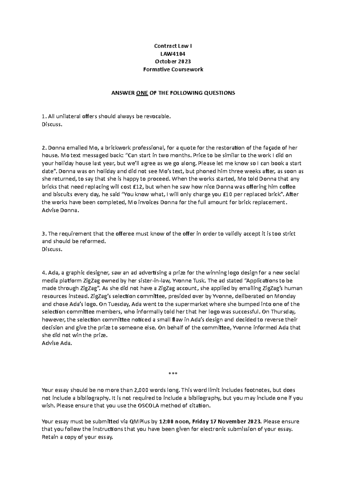 Formative questions Contract Law I - LAW4104 2023 (2) - Contract Law I LAW October 2023 ...