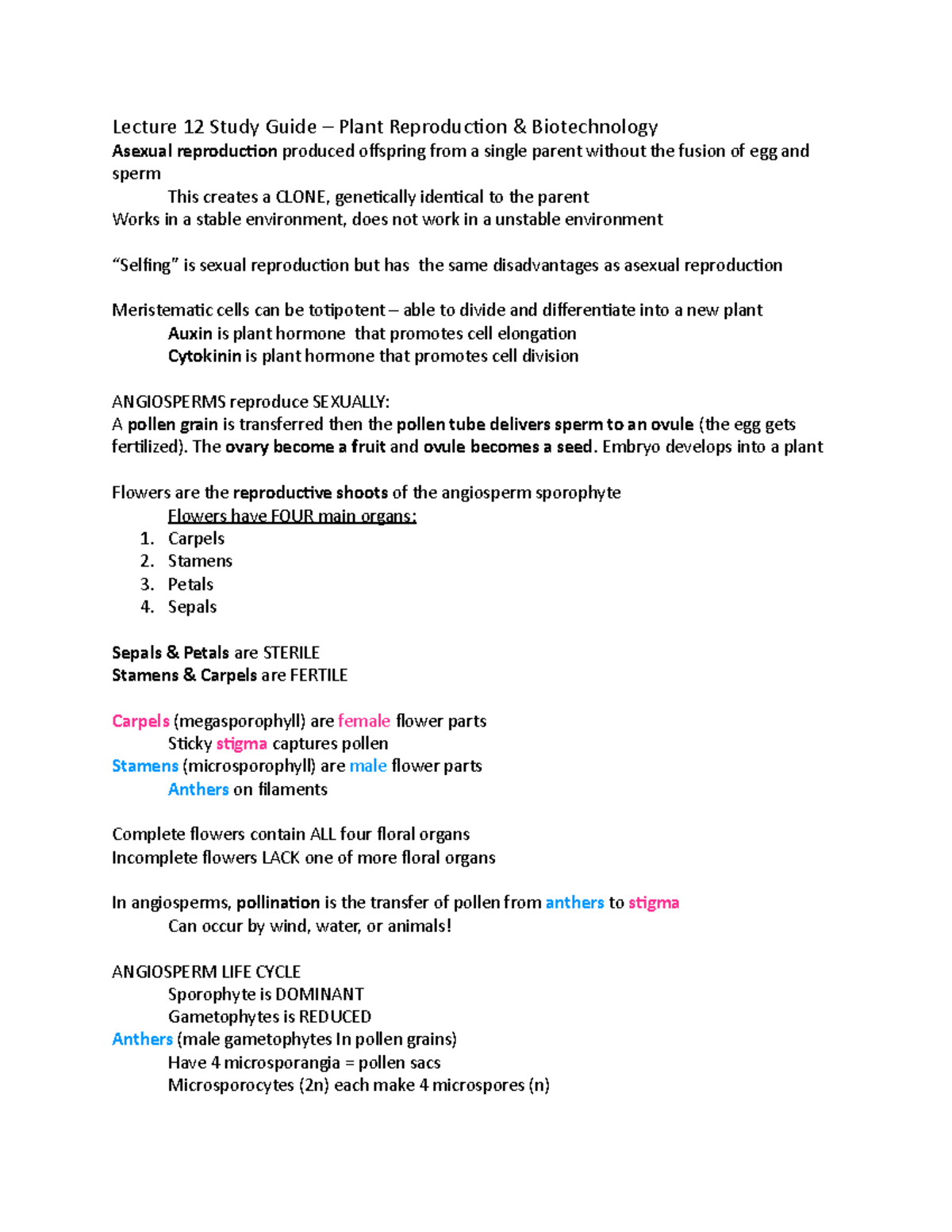 Lecture 12 Study Guide - Lecture 12 Study Guide – Plant Reproduction ...