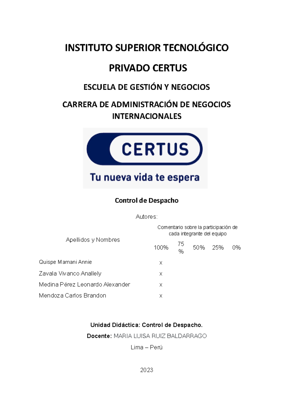 Control de Desp. - Evidencia 2 - INSTITUTO SUPERIOR TECNOLÓGICO PRIVADO ...