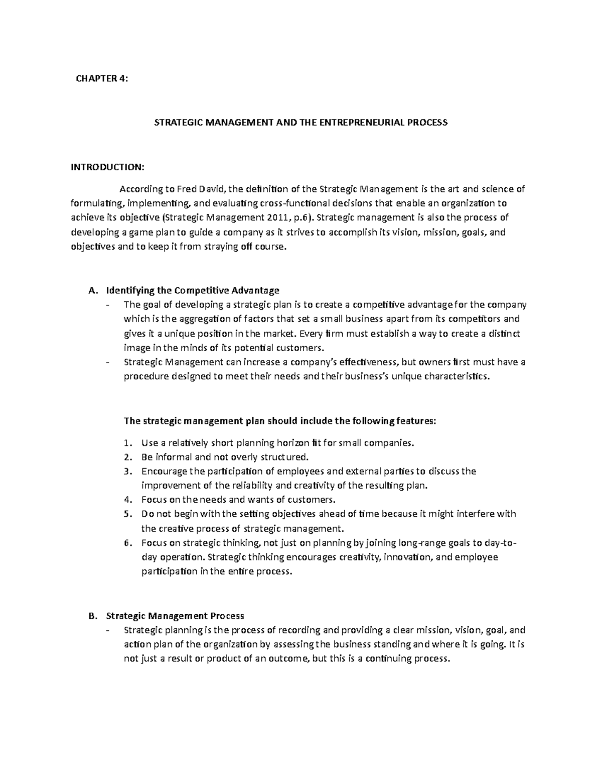 Chapter 4 - none - CHAPTER 4: STRATEGIC MANAGEMENT AND THE ...