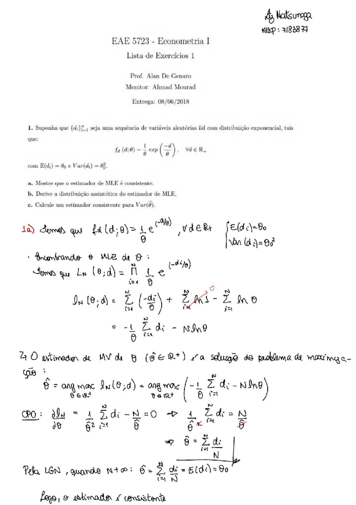 Econometria I - Lista 1 Resolucao Liz - EAE 5T23 — E-cououletria. I Lista. do Exorcfcins 1 Prof ...