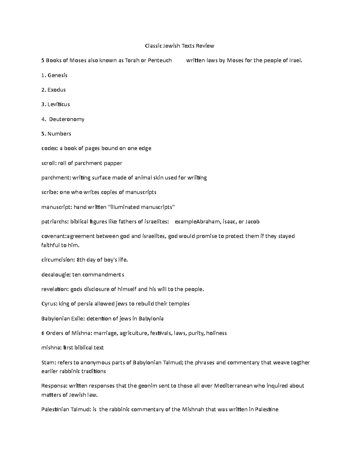 Jewish Texts Midterm review sheet - Classic Jewish Texts Review 5 Books ...