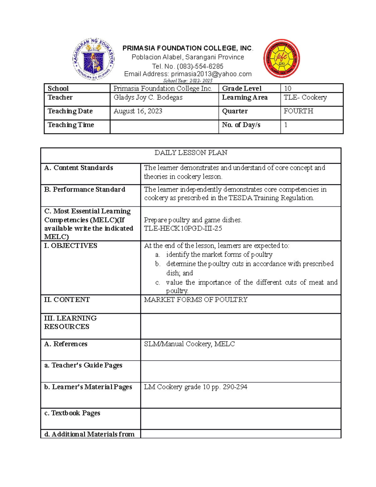Lesson PLAN Gladys Bodegas 5 Basic Forms final - PRIMASIA FOUNDATION ...