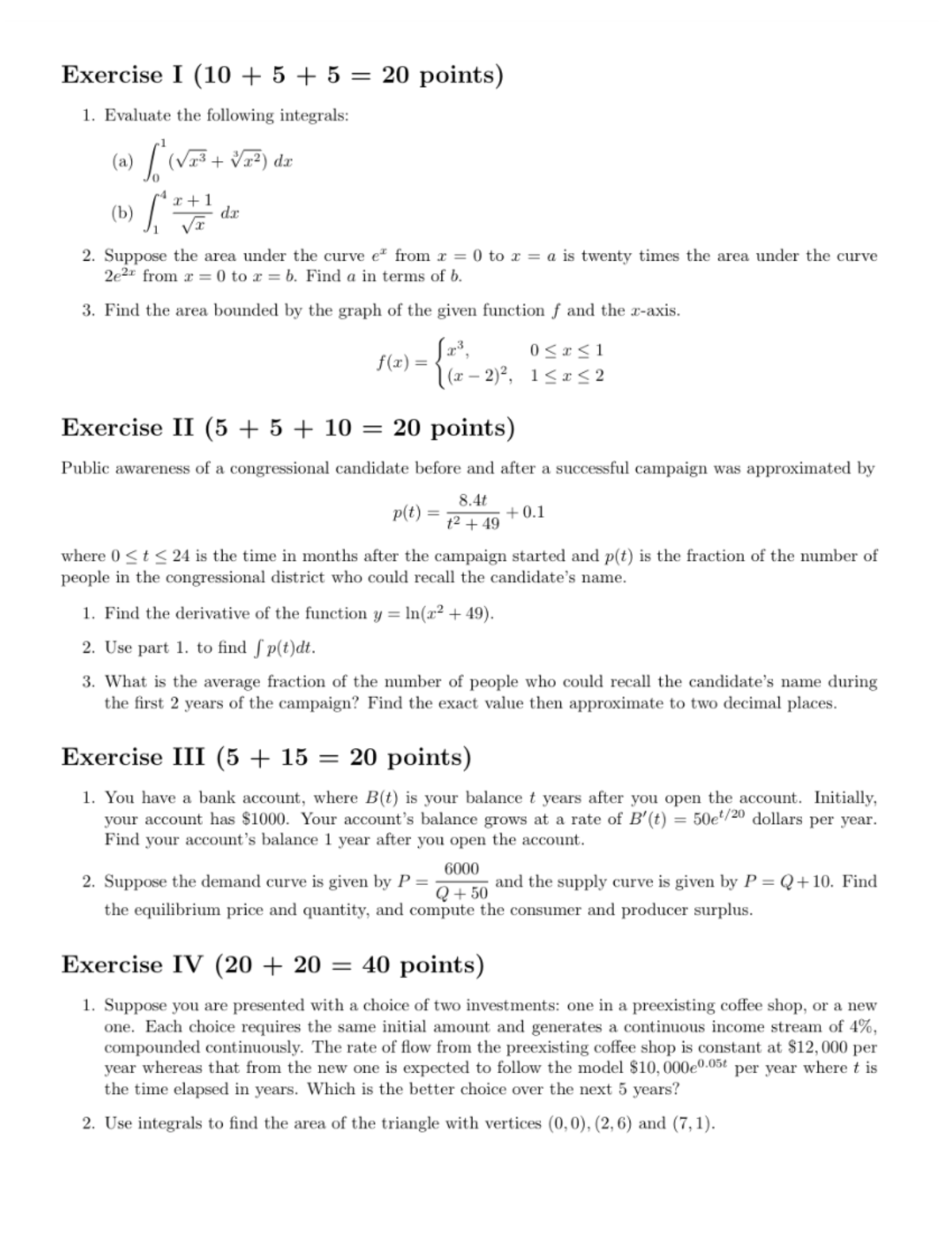 MFE exercise - Math for Eco practice - Exercise I (10 5 5 20 points) 1 ...