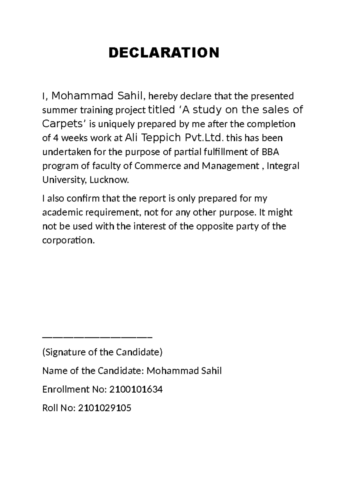 Declaration 3 - DECLARATION I, Mohammad Sahil, hereby declare that the ...