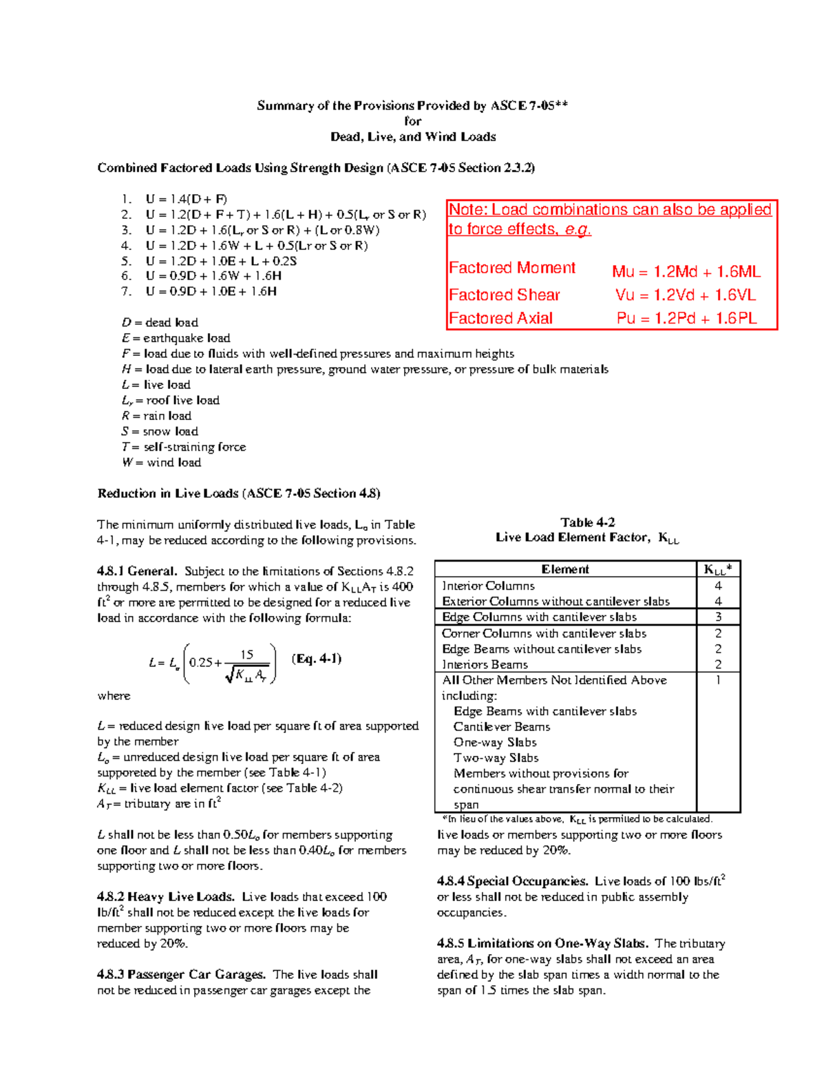 ASCE7 - Summary of the Provisions Provided by ASCE 7-0 5 ** for Dead ...