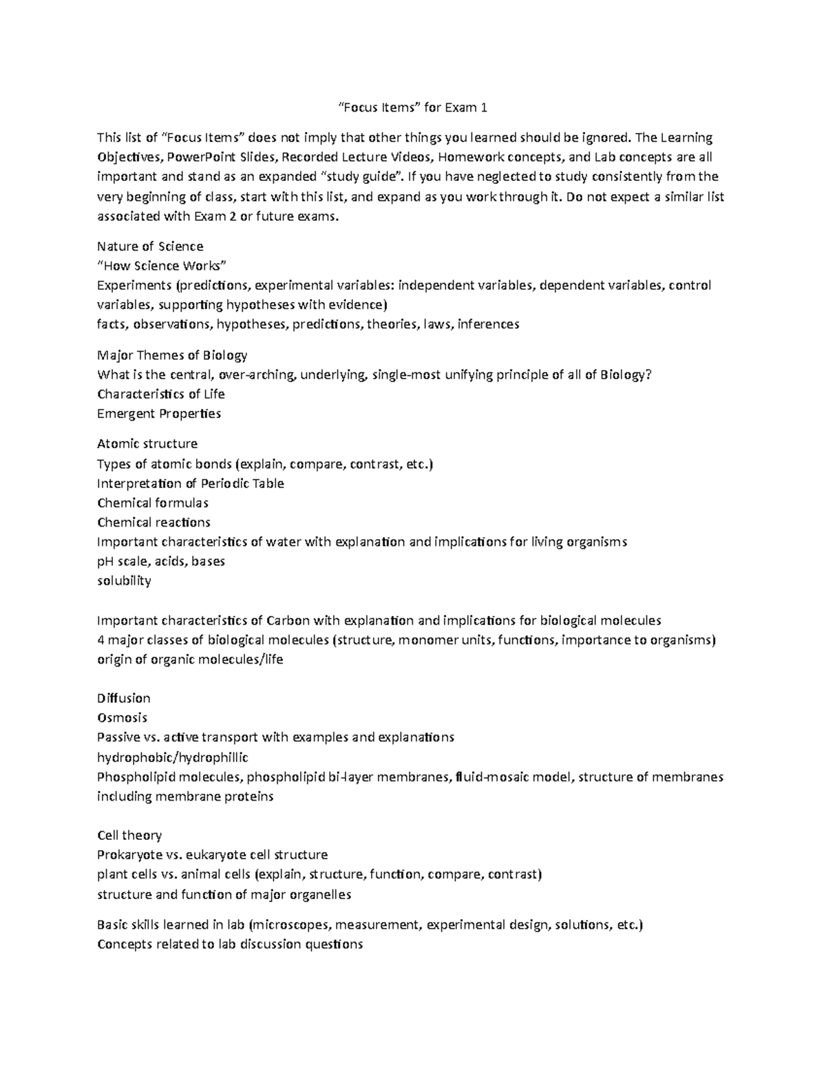 Exam 1 Focus Items - “Focus Items” for Exam 1 This list of “Focus Items ...