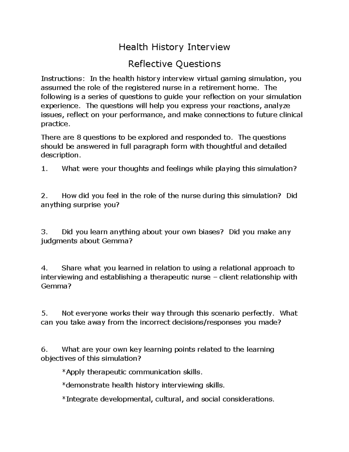 Ryerson Hosp Health History Interview Questions - Health History ...