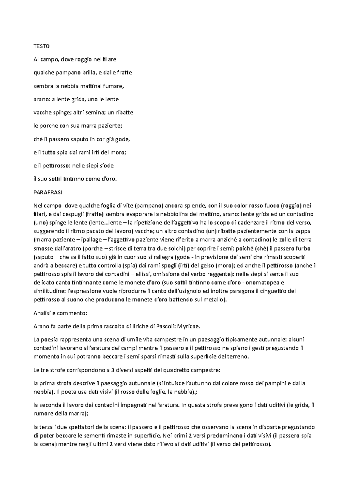 Arano - testo parafrasi e commento - TESTO Al campo, dove roggio nel ...