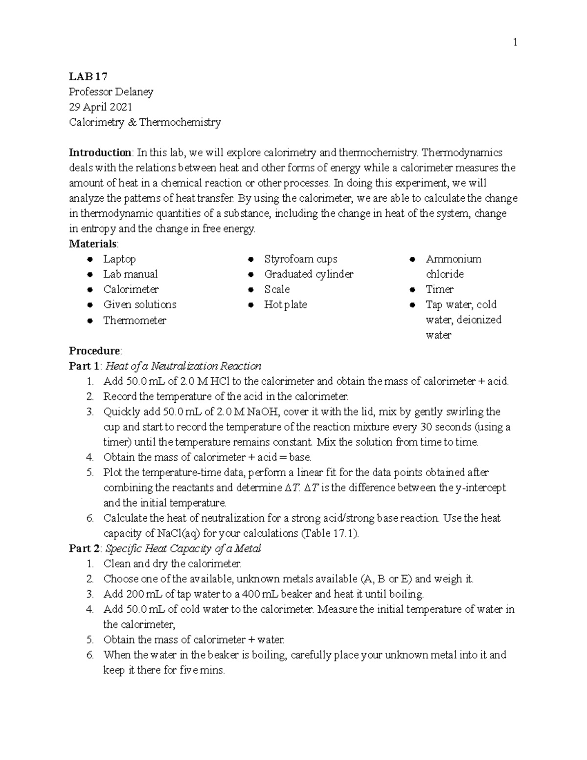 CHEM 106-06 LAB 17 - Lab report - LAB 17 Professor Delaney 29 April ...