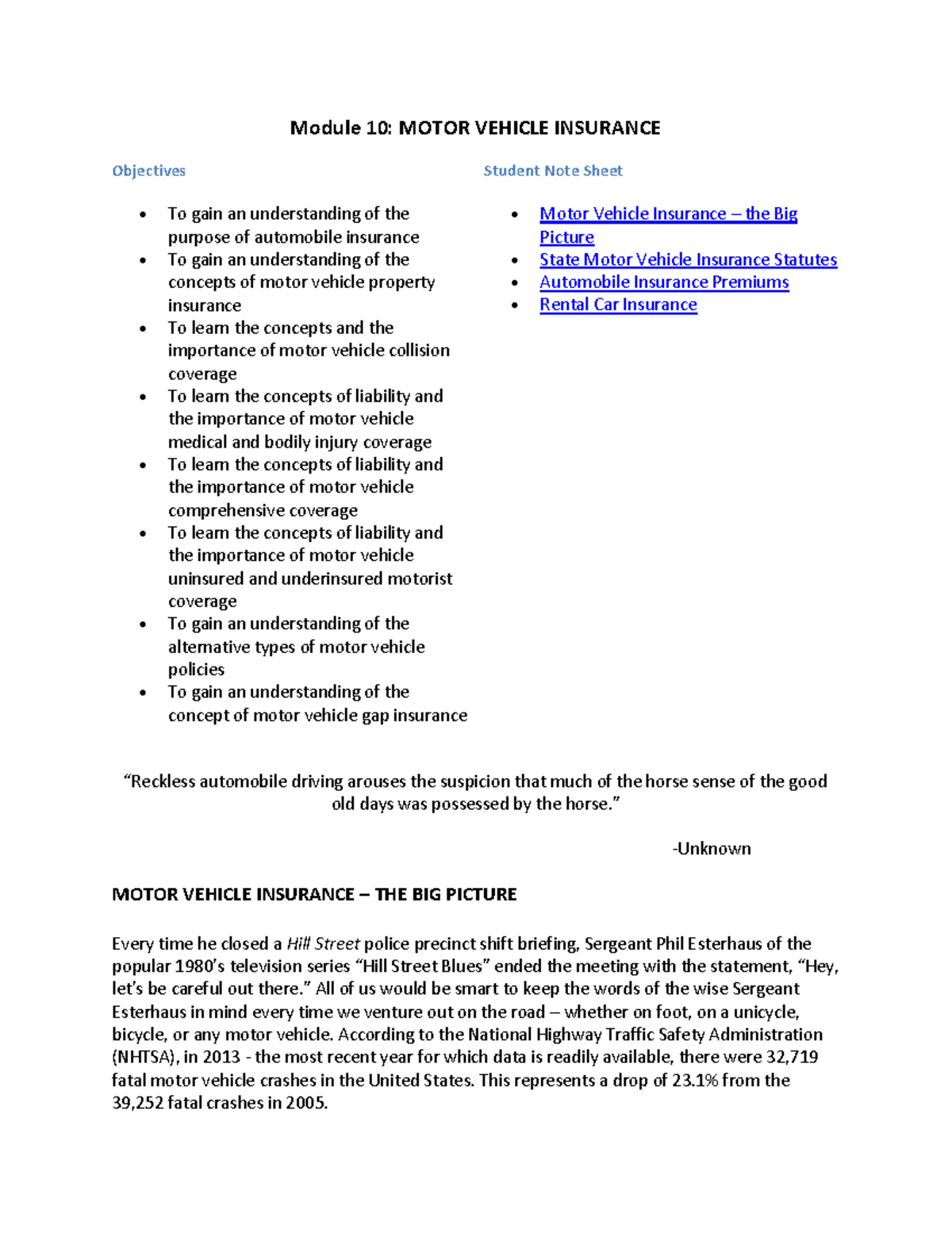 Module 10 Motor vehicle insurance - Module 10: MOTOR VEHICLE INSURANCE ...