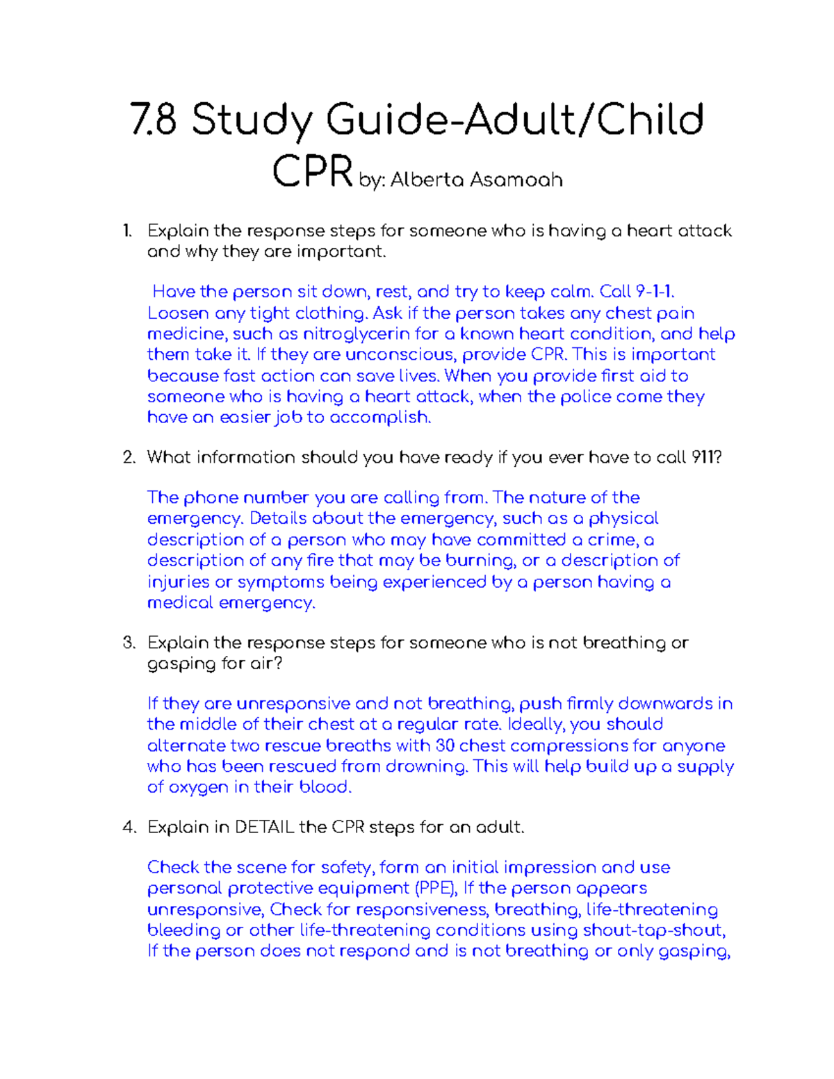 7.8 Study Guide-Adult Child CPR - 7 Study Guide-Adult/Child CPR by ...