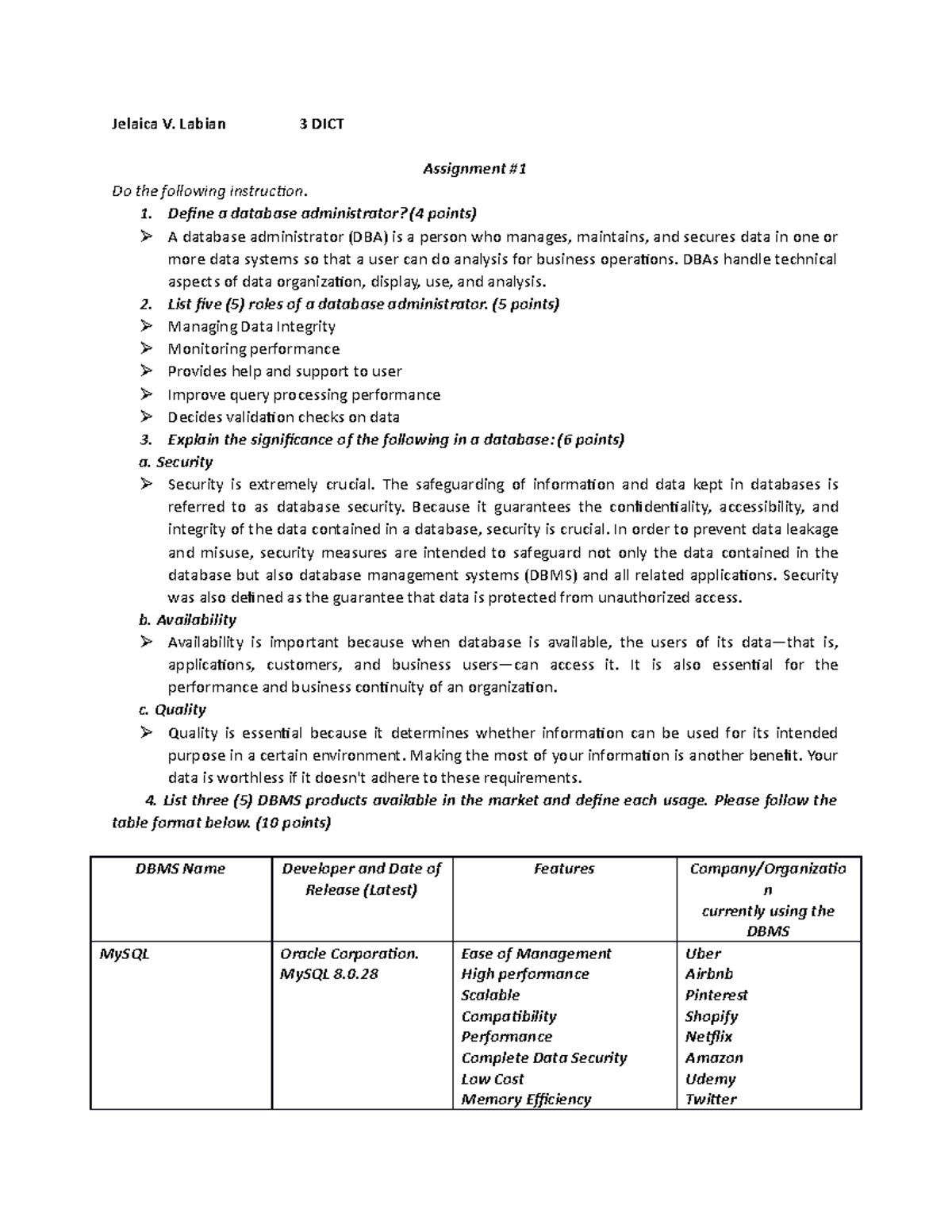 Assignment Number 1 - Jelaica V. Labian 3 DICT Assignment # Do the ...