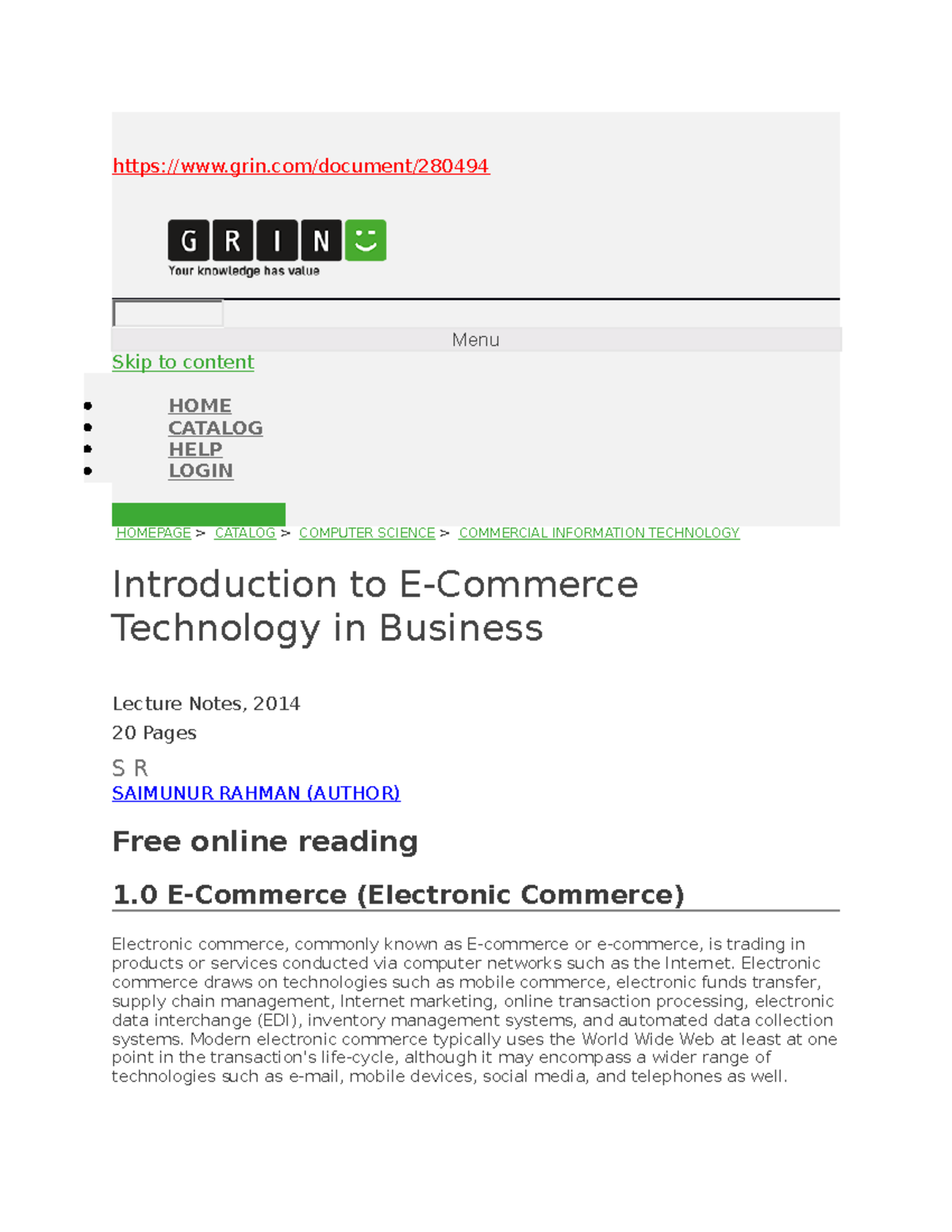 Introduction TO E- Commerce - grin/document/ Menu Skip to content HOME CATALOG HELP LOGIN - Studocu