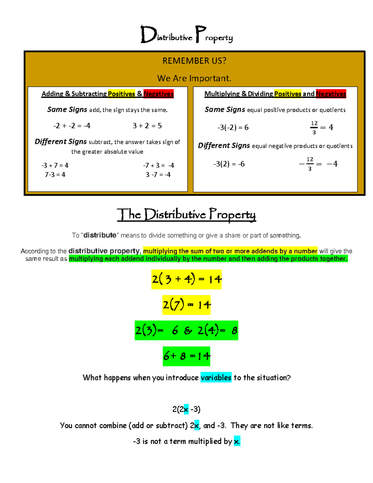 Distributive Property notes:practice - REMEMBER US? We Are Important ...