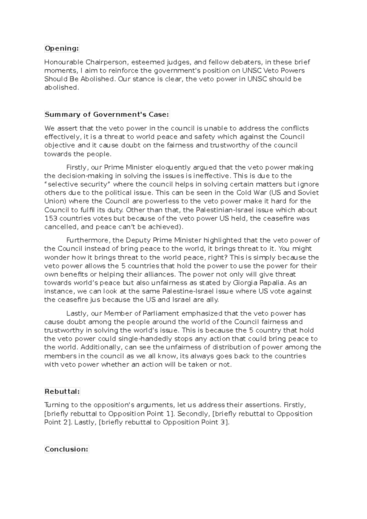 GOV WHIP Script - Opening: Honourable Chairperson, esteemed judges, and ...