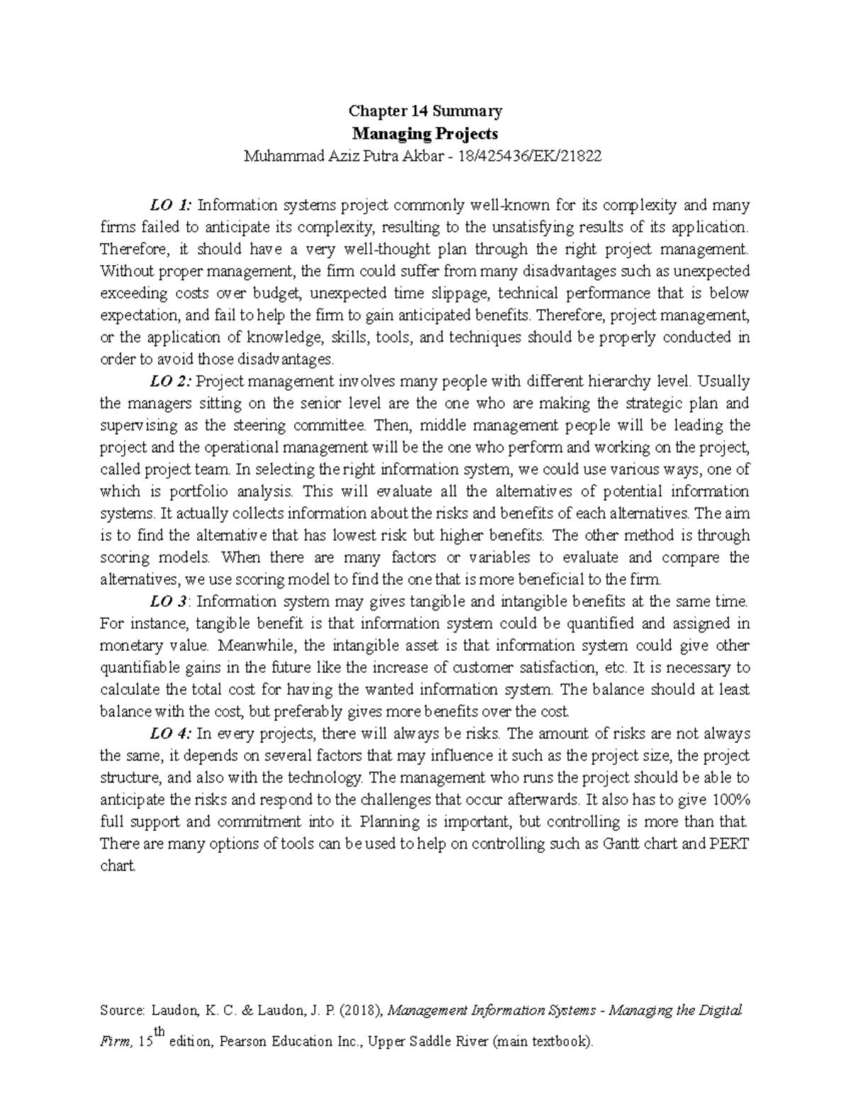 Summary Chapter 14 - Managing Projects - Chapter 14 Summary Managing Projects Muhammad Aziz ...