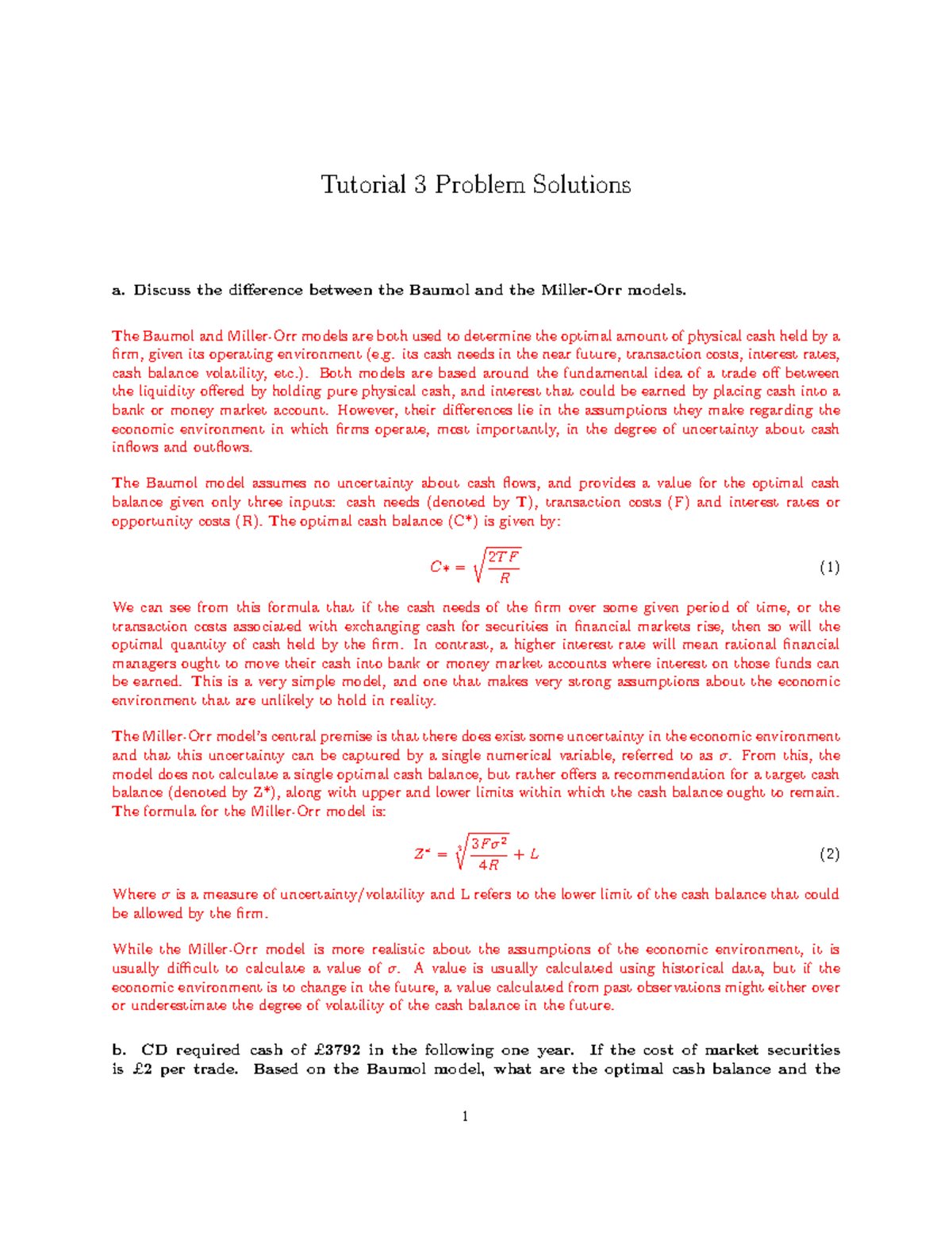 Tutorial 3 Cash Management - Tutorial 3 Problem Solutions a. Discuss the difference between the ...