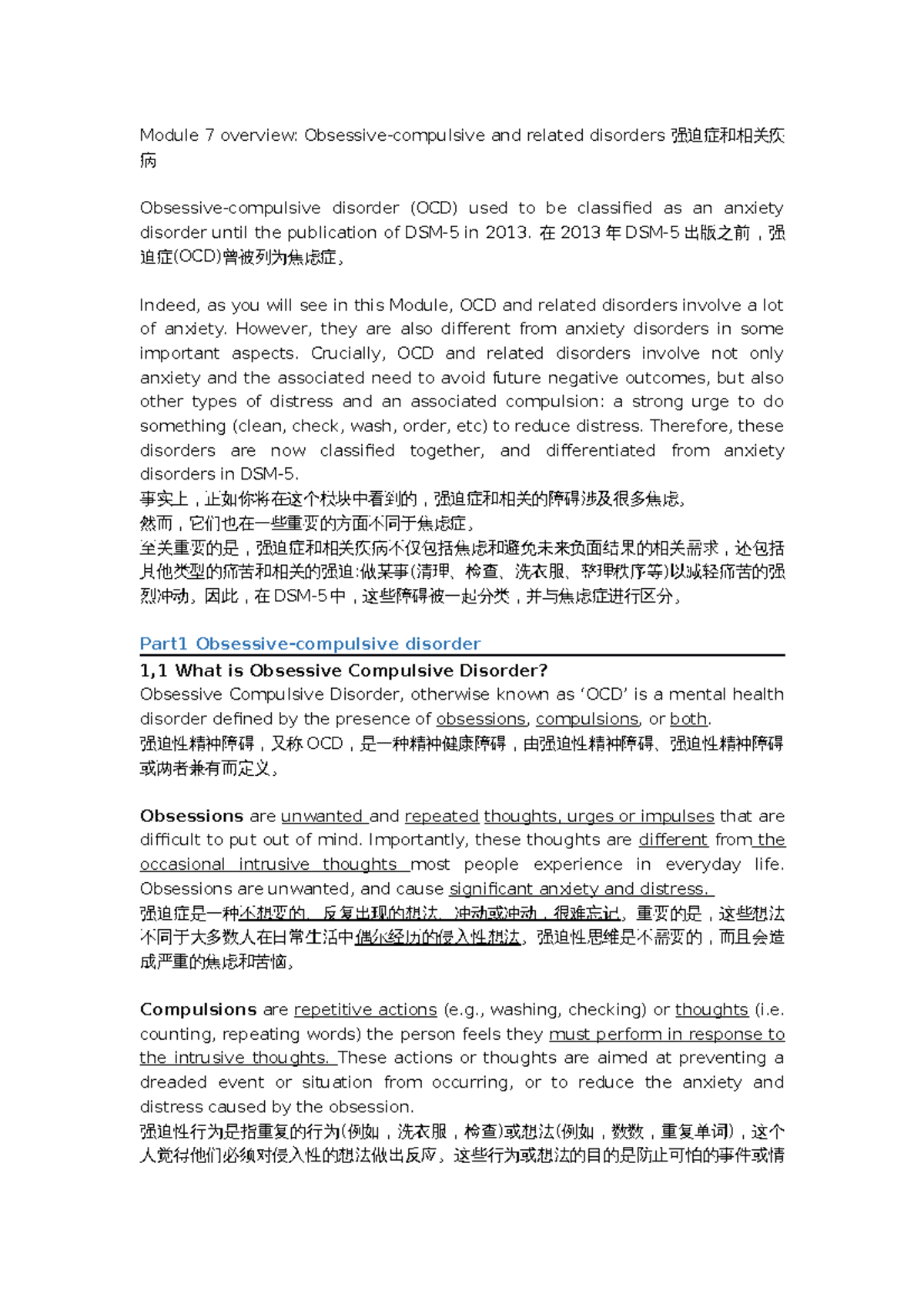 OLET1634 M8 - notes - Module 7 overview: Obsessive-compulsive and ...