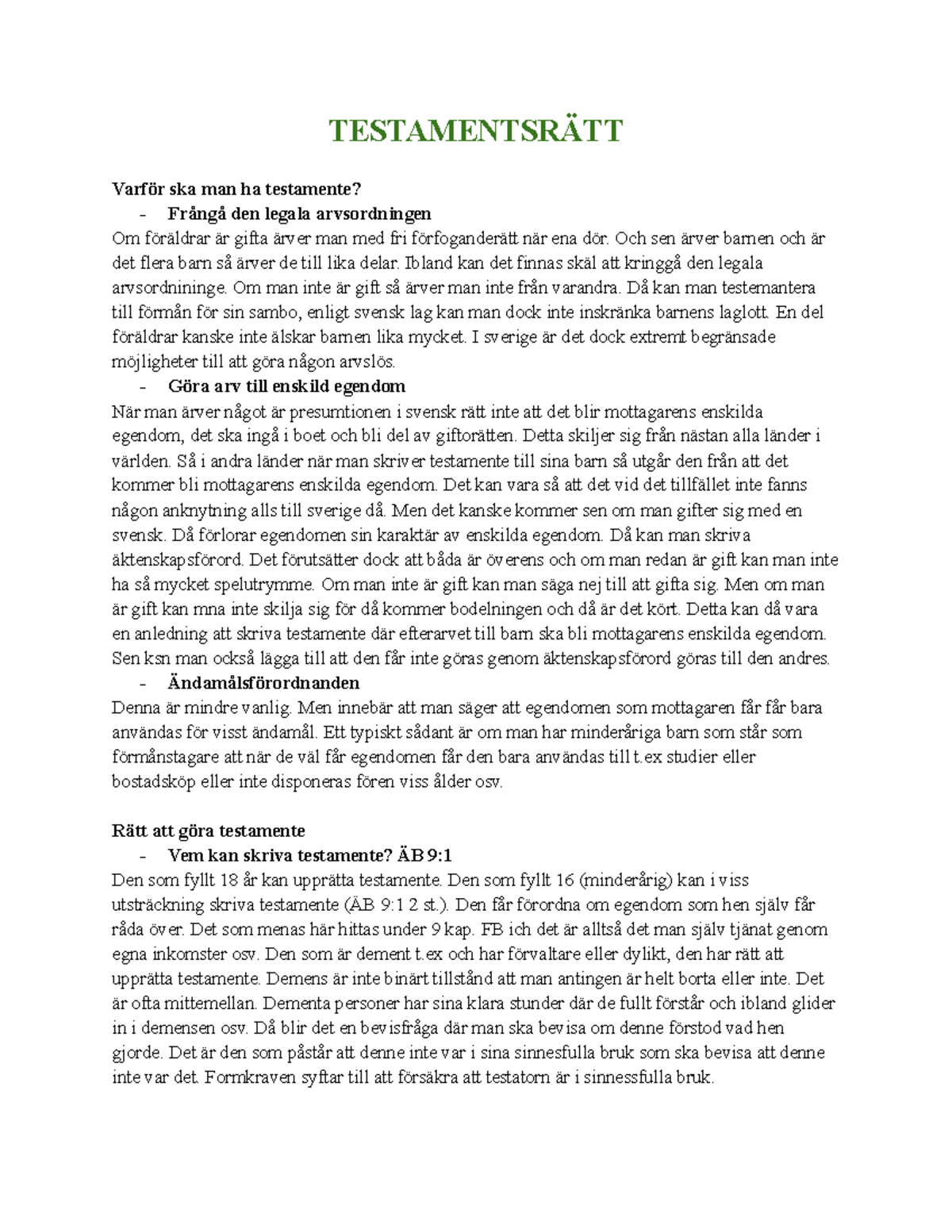 Testamentsrätt - Sammanfattning av testamenten - TESTAMENTSRÄTT Varför ...