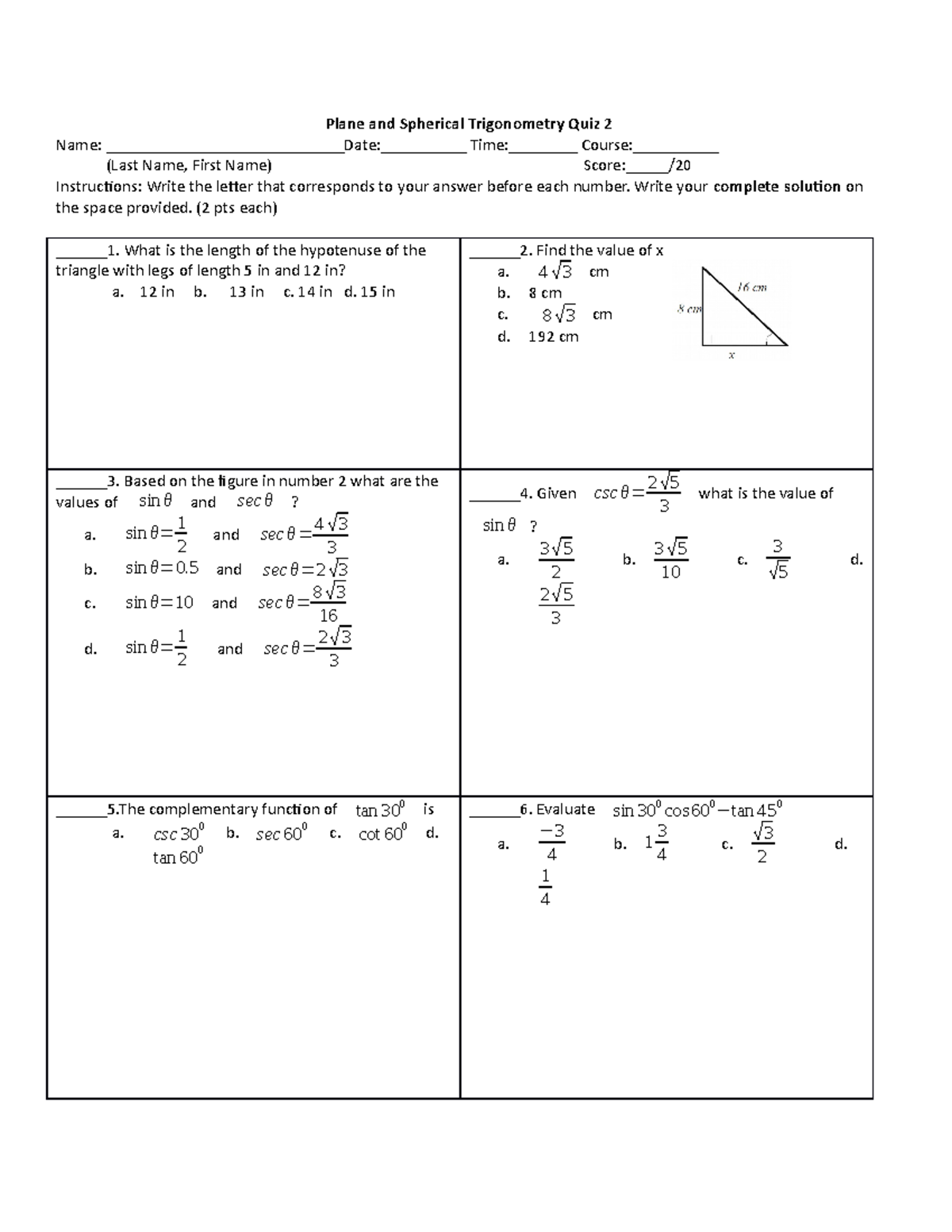 PST and CA quiz 2 - Plane and Spherical Trigonometry - Plane and ...