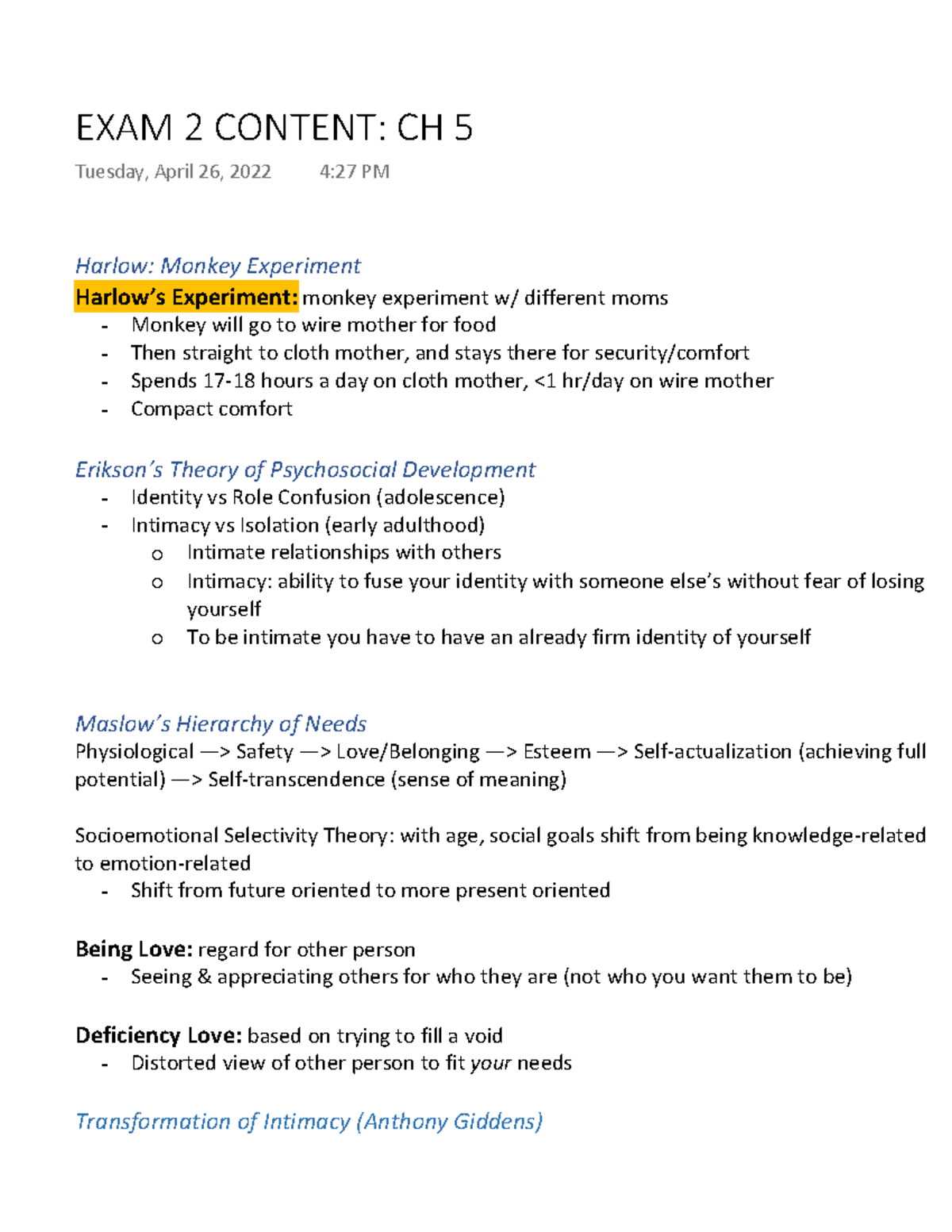 EXAM 2 Content CH 5 - Exam 2 prep, love - Harlow: Monkey Experiment ...