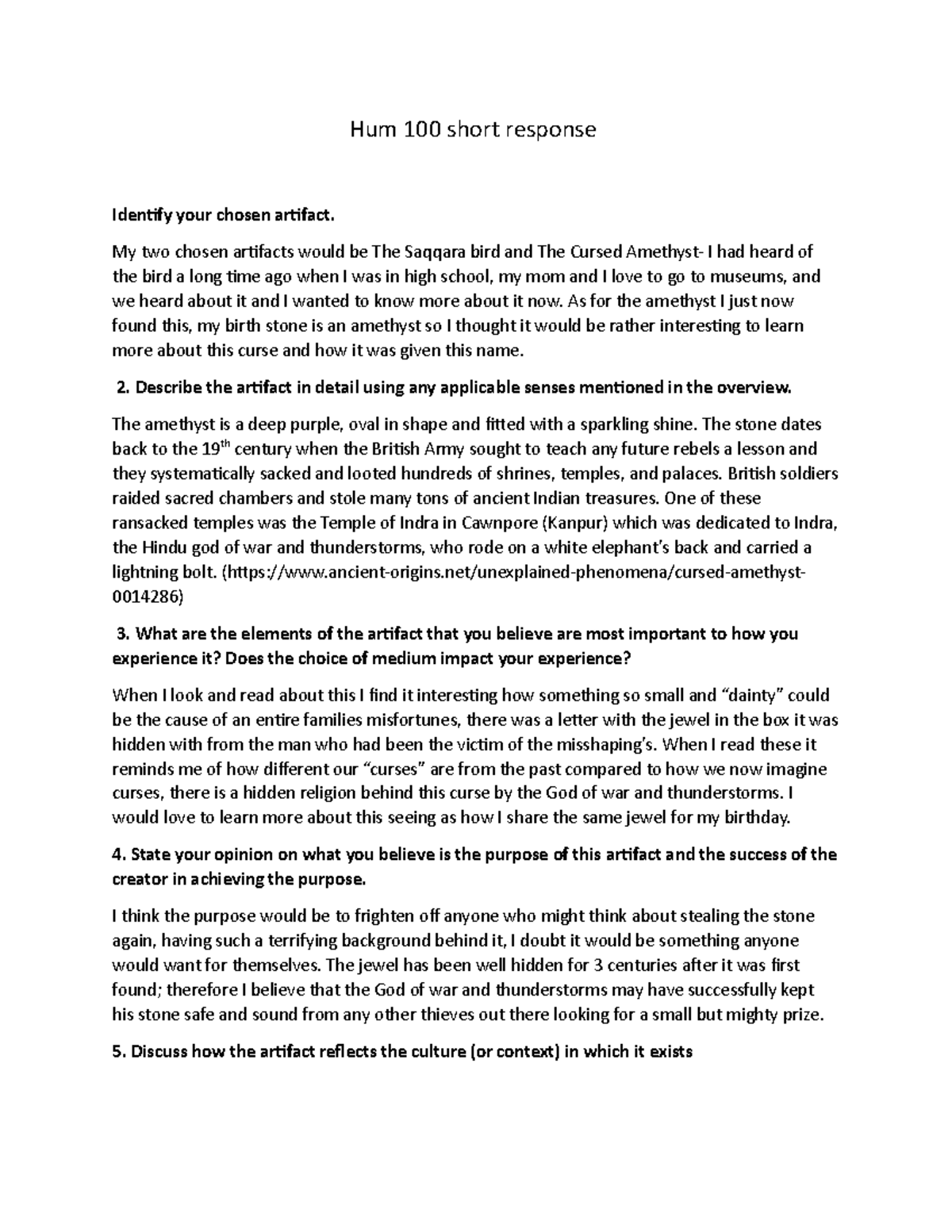 Hum 100 short response - Info - Hum 100 short response Identify your ...