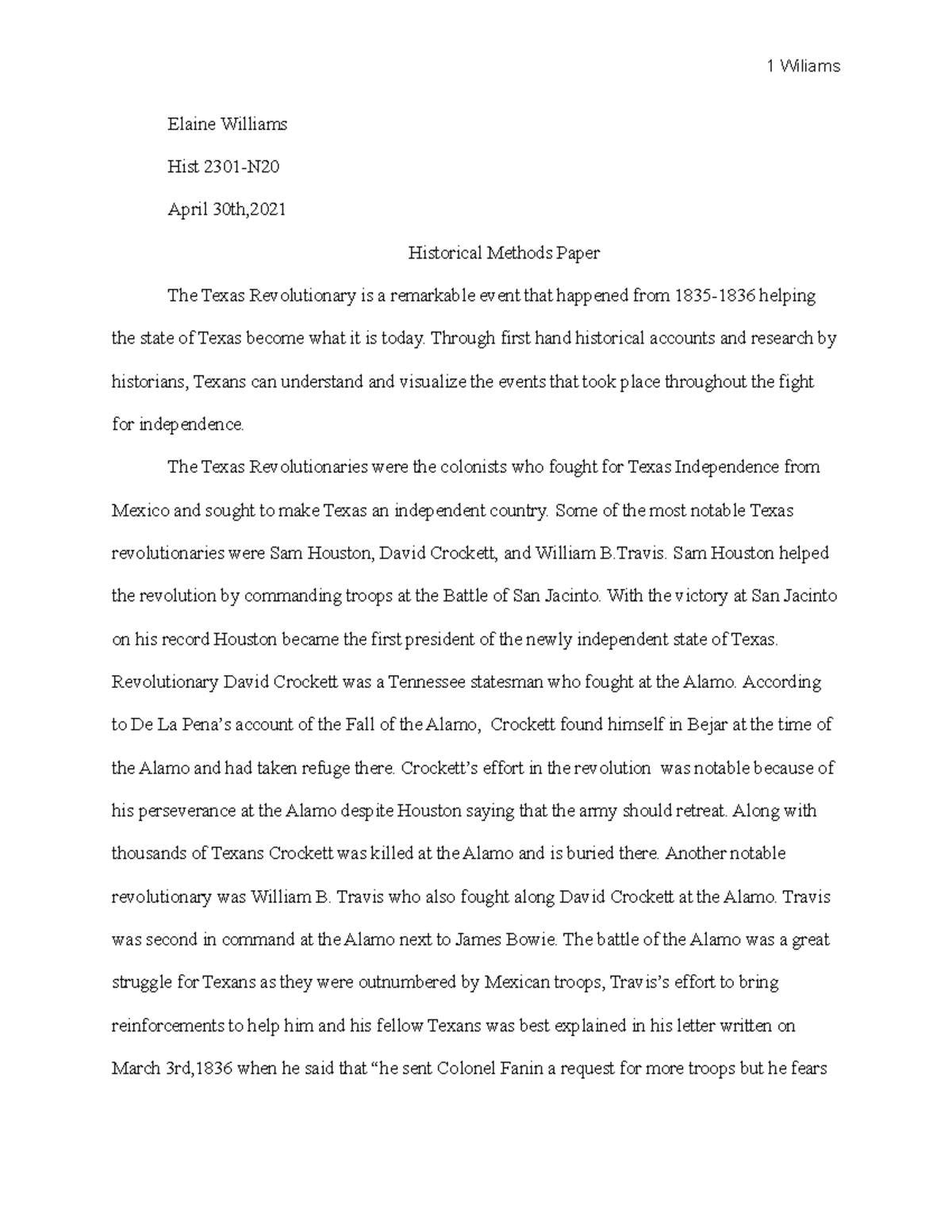 Historical Methods paper - Elaine Williams Hist 2301-N April 30th ...