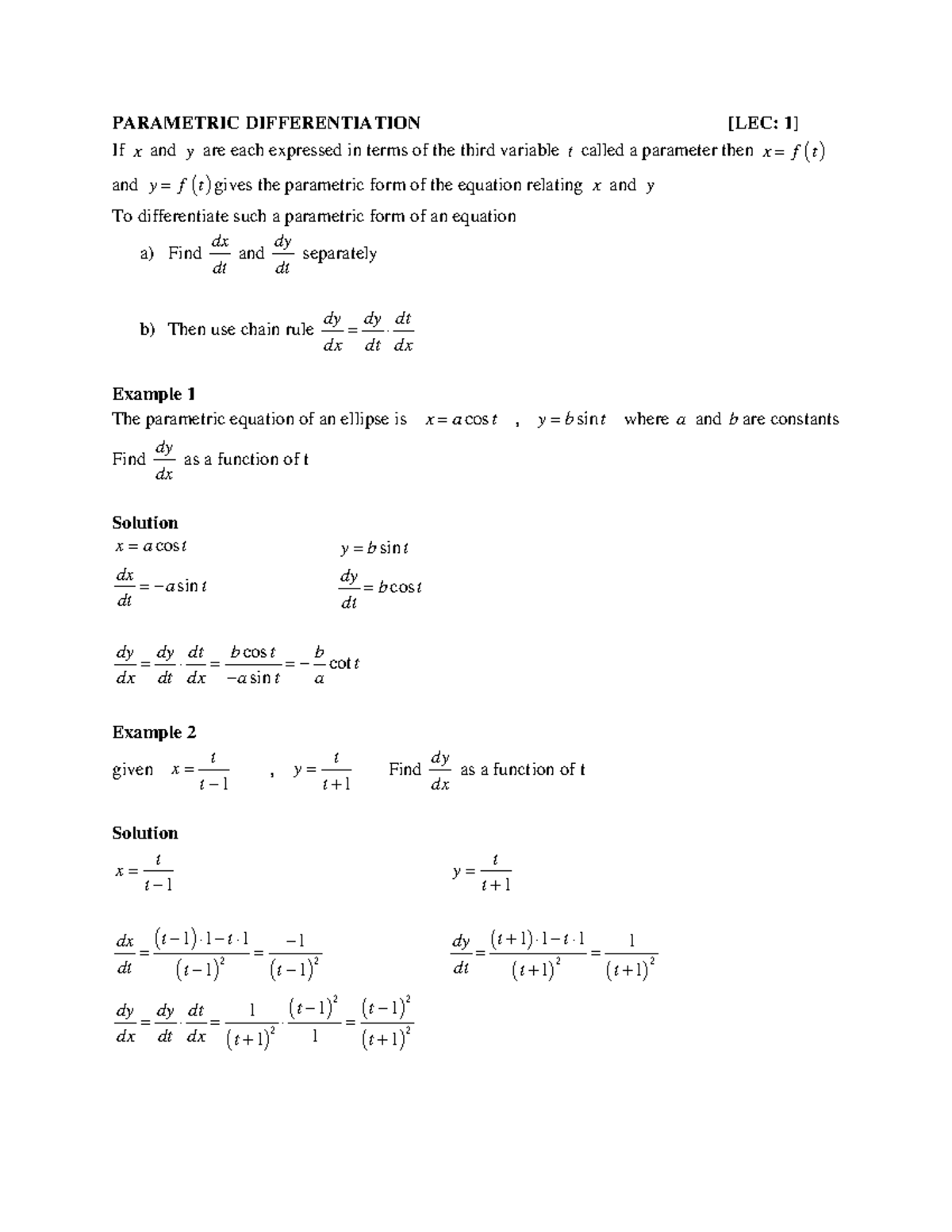 Calculus Topic 2 - PARAMETRIC DIFFERENTIATION [LEC: 1] If x and y are each expressed in terms of ...
