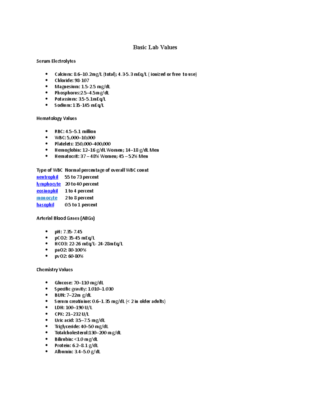Basic Lab Values docx - NURS 360 - Studocu