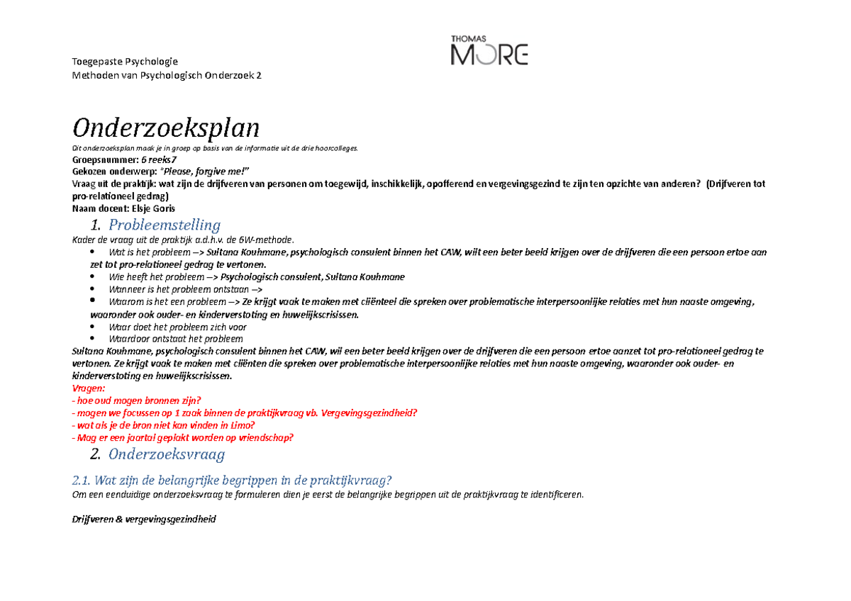 Onderzoeksplan 1920 - taak MPO 2 - ####### Methoden van Psychologisch ...