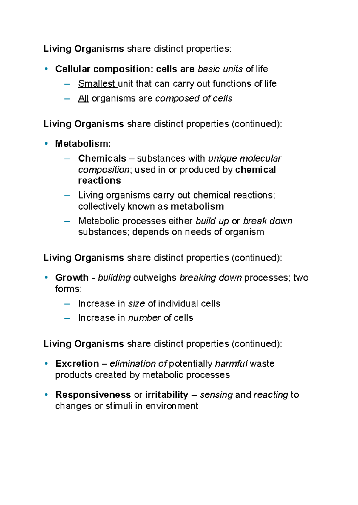 Living Organisms - Notes - Living Organisms share distinct properties ...