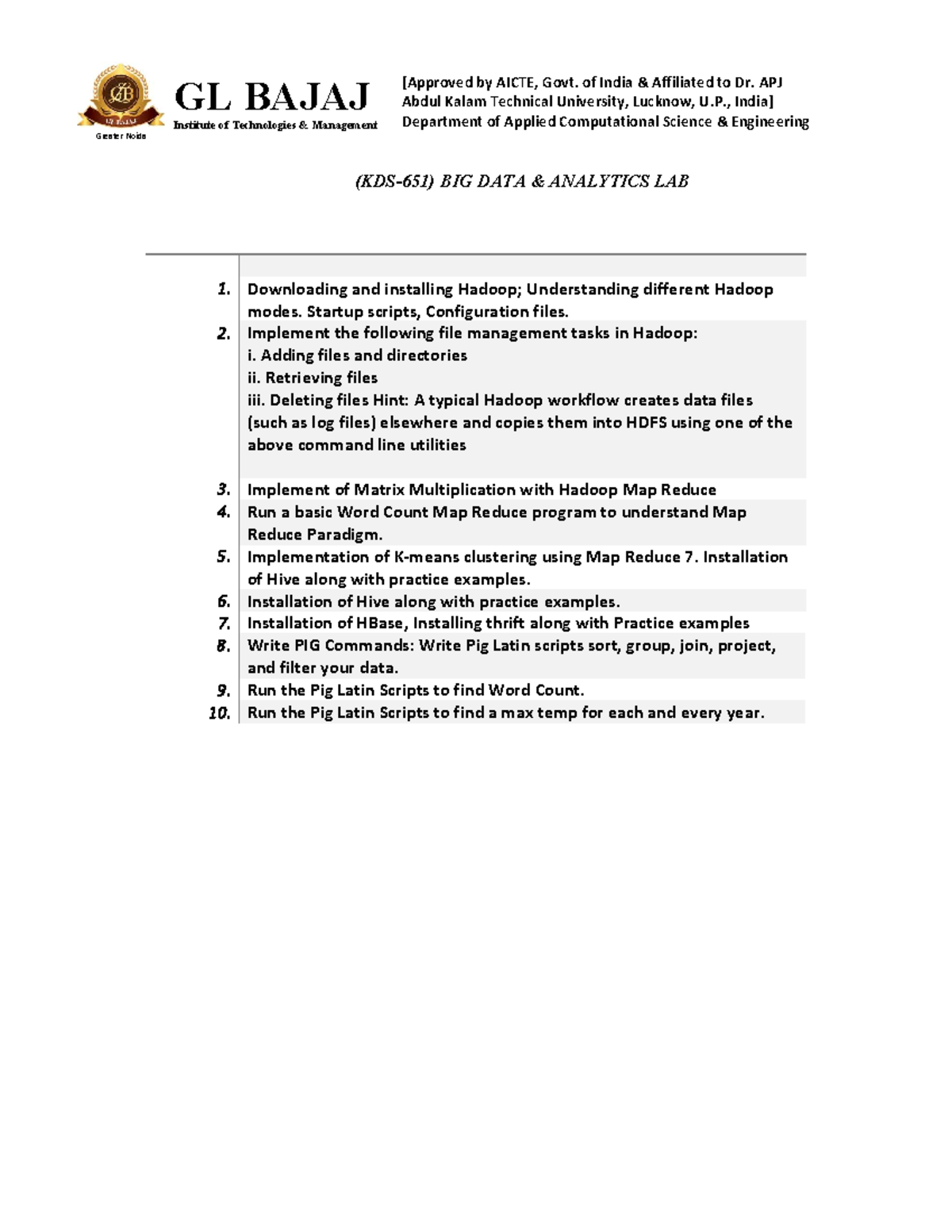 BDA LAB Index - Greater Noida GL BAJAJ Institute of Technologies ...