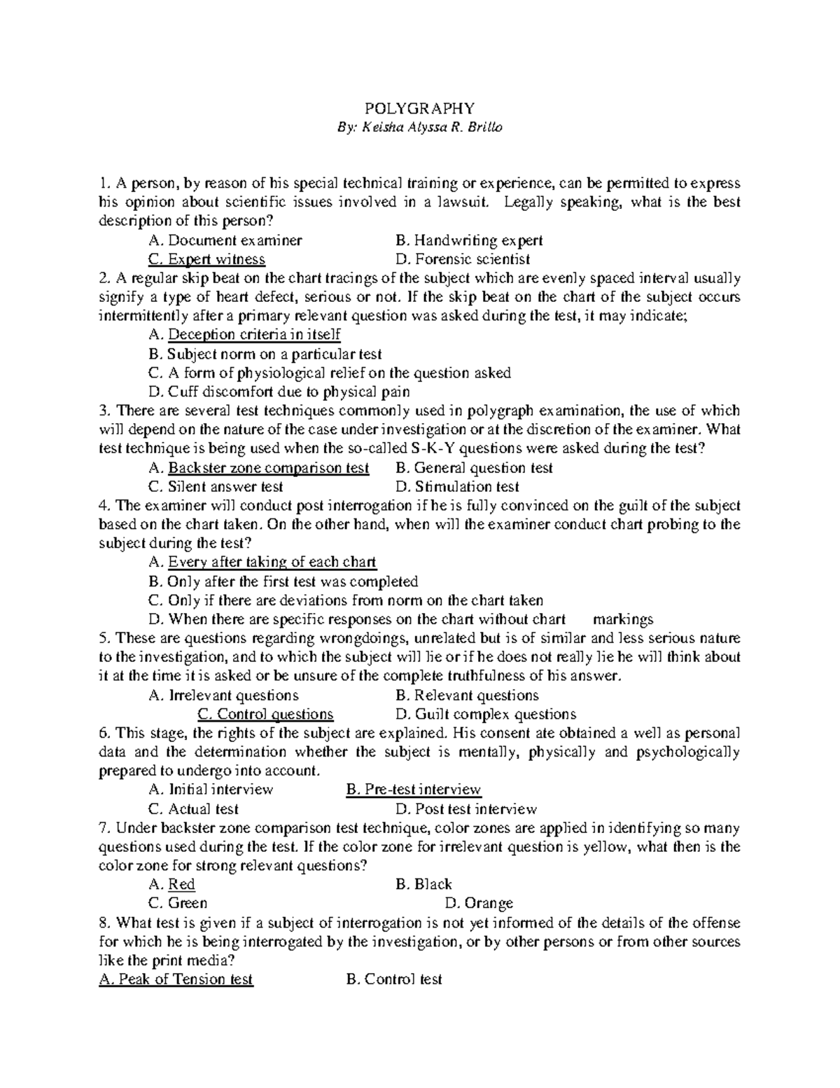 Pdfcoffee - POLYGRAPHY By: Keisha Alyssa R. Brillo A person, by reason of his special technical ...