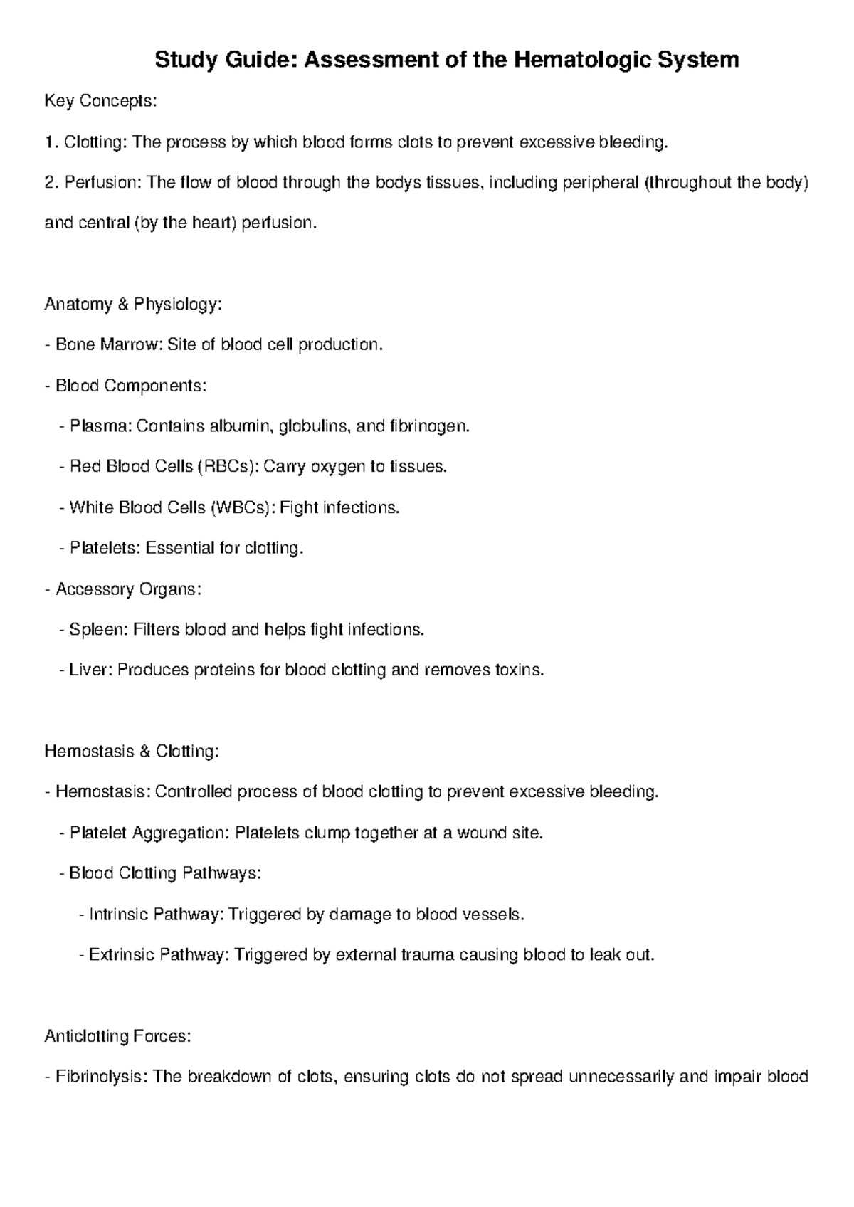 Study Guide Hematologic System Cleaned - Study Guide: Assessment of the ...