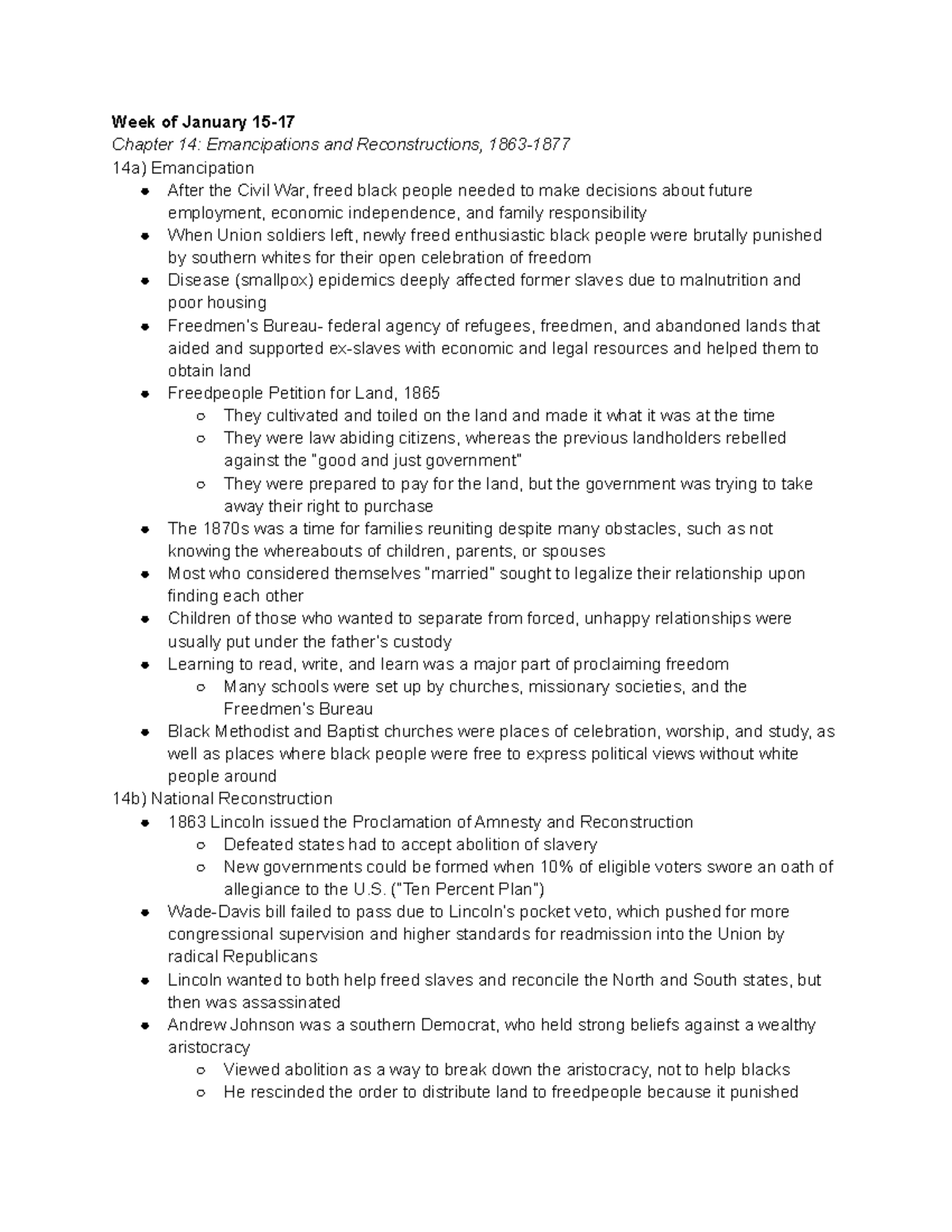 HIST Chp. 14 Notes - Week of January 15- Chapter 14: Emancipations and ...