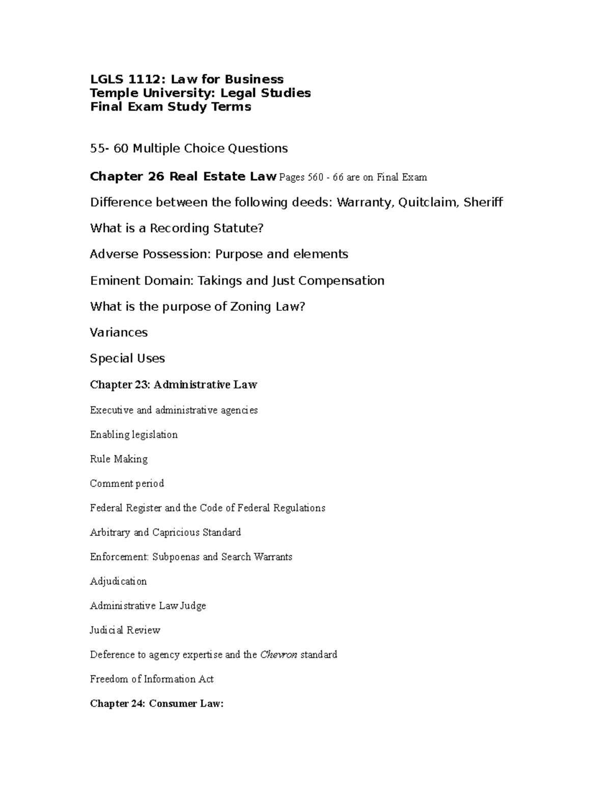 LGLS 1112 Final Exam Terms 2022 - LGLS 1112: Law for Business Temple ...