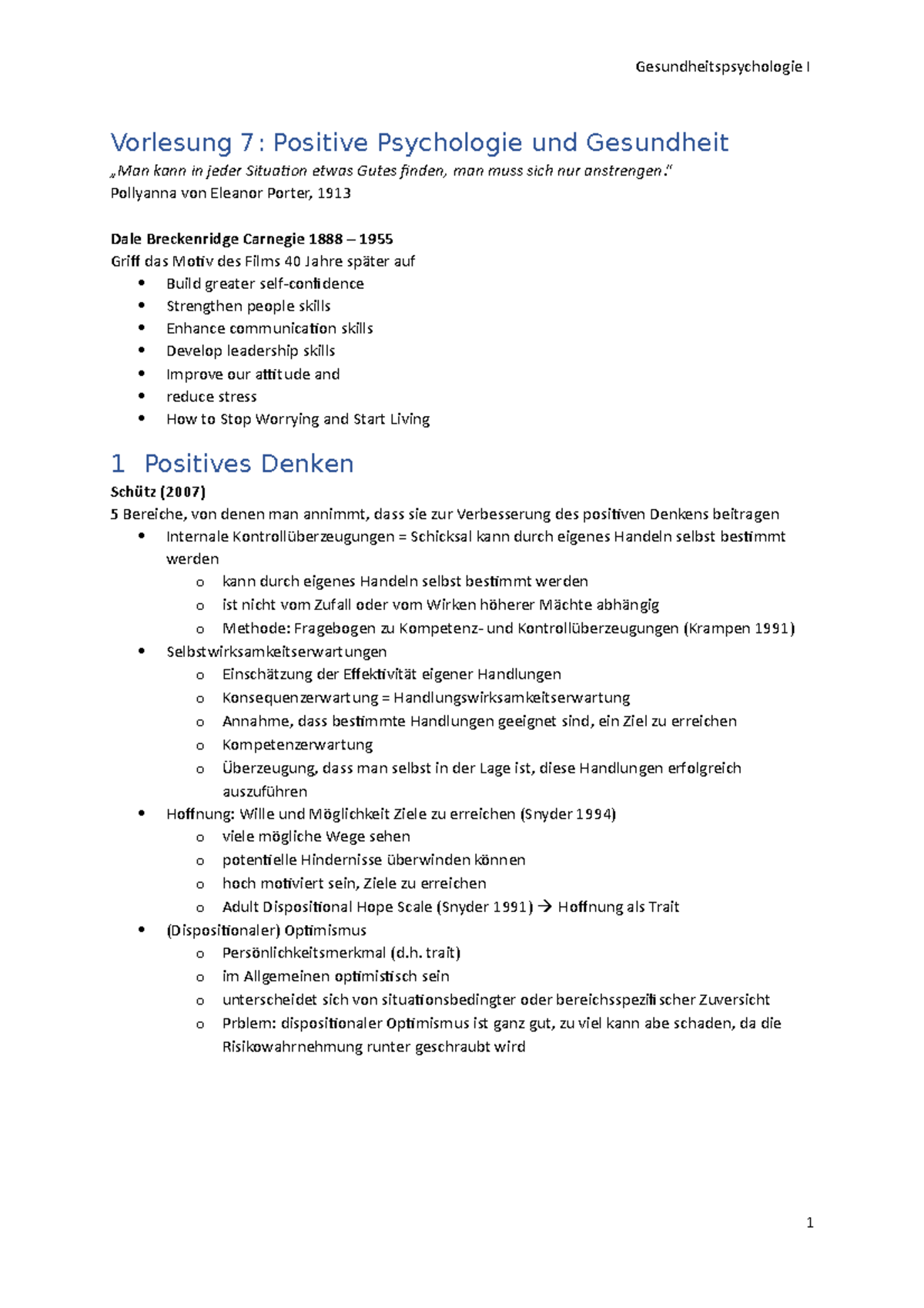 Vorlesung 7 b Positive Psychologie - “ Pollyanna von Eleanor Porter ...