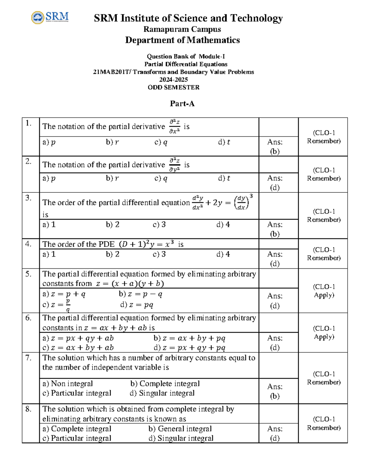 Unit I Part A - Question Bank - Question Bank of Module-I Partial ...