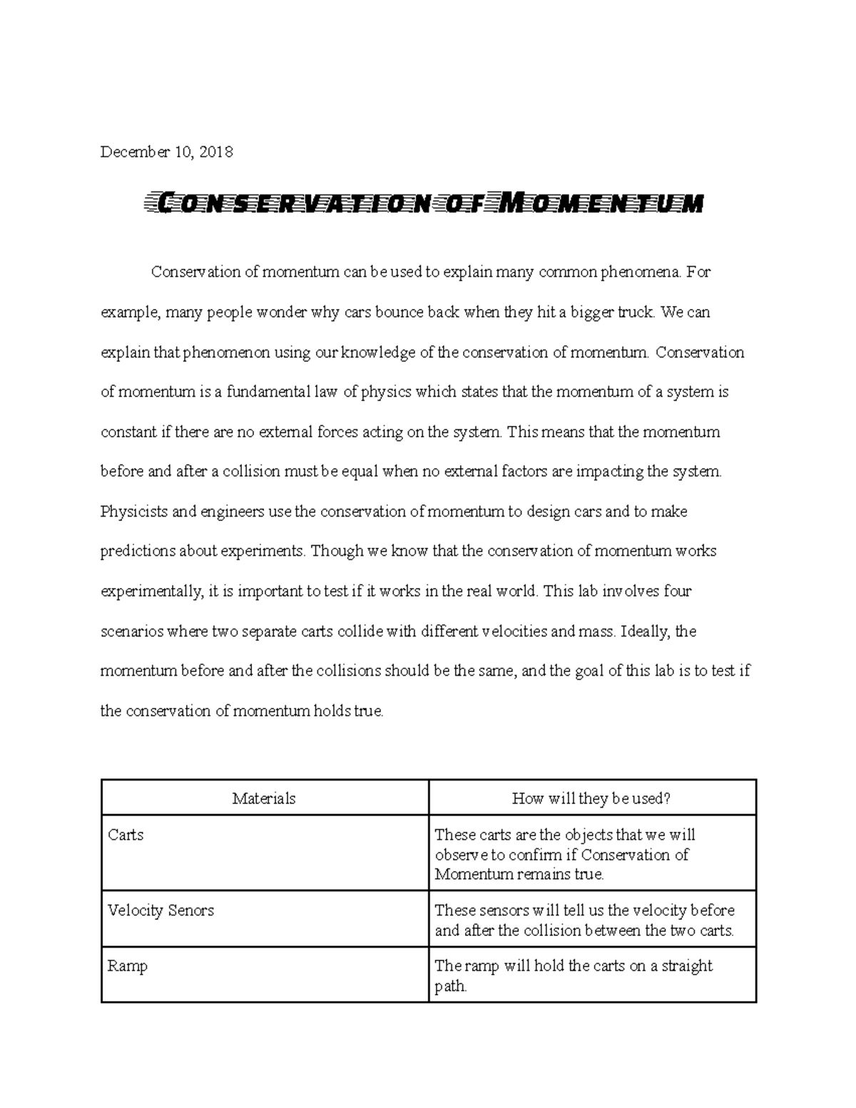 Conservation of Momentum Lab - December 10, 2018 Conservation of ...