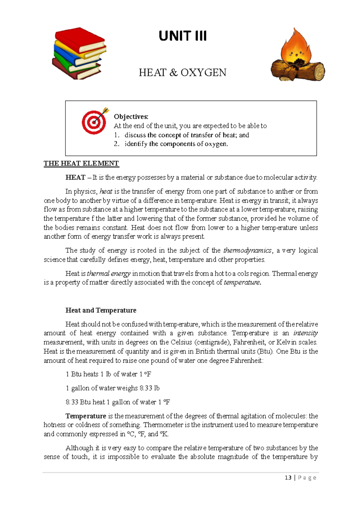 CDI 6 UNIT 3 AND 4 - Lecture note - UNIT III HEAT & OXYGEN Objectives ...