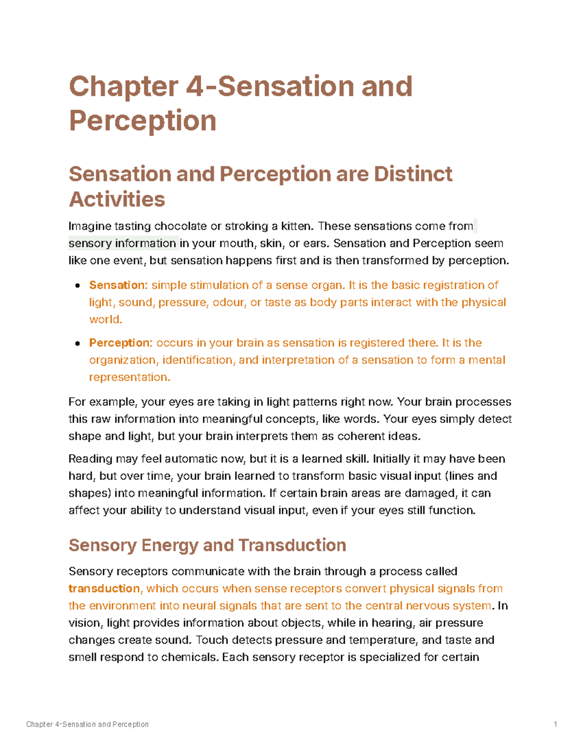 Chapter 4 notes - Chapter 4-Sensation and Perception Sensation and ...